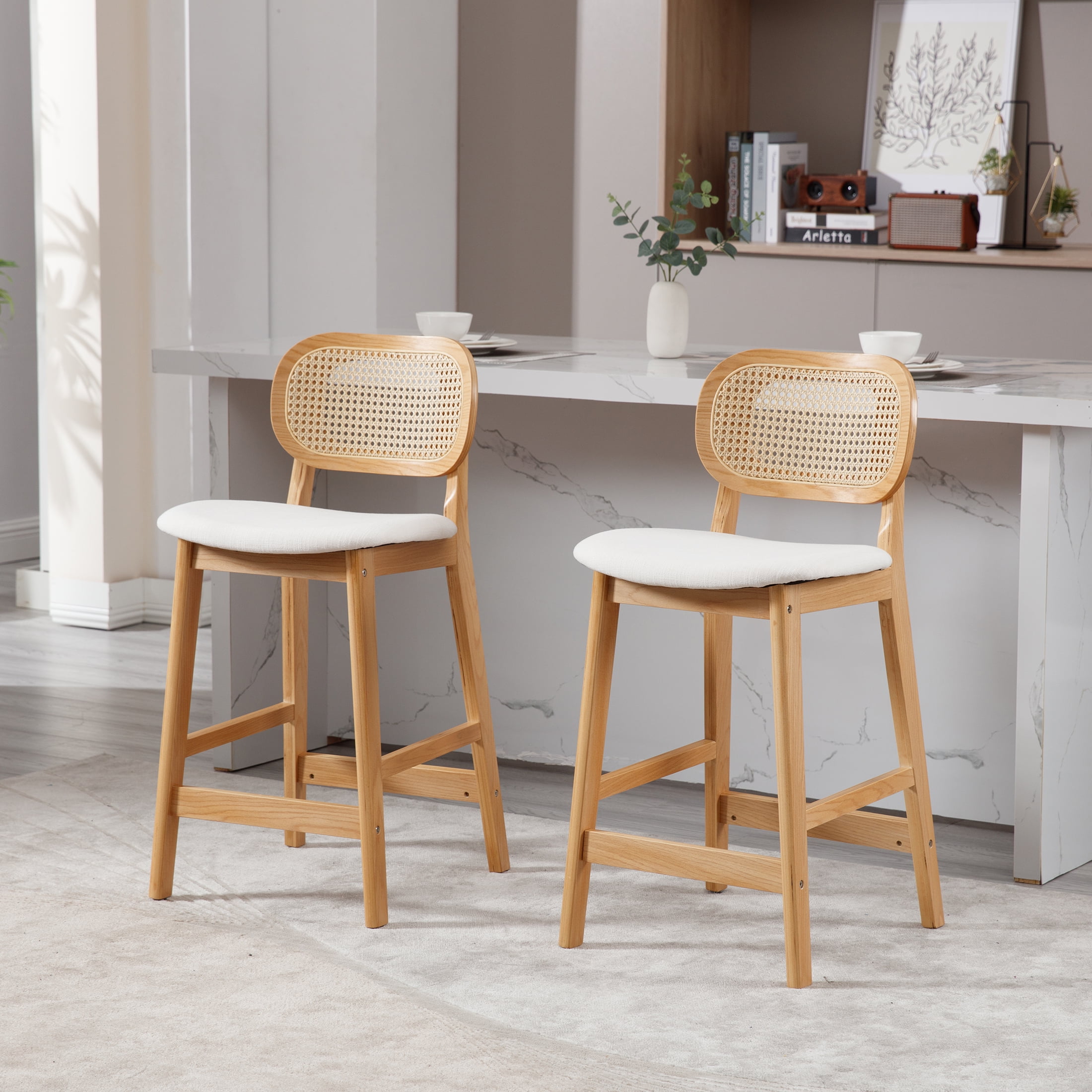 Guyou Rattan Counter Height Bar Stools, Wooden Farmhouse Barstools, Beige Linen Upholstered, Set ...