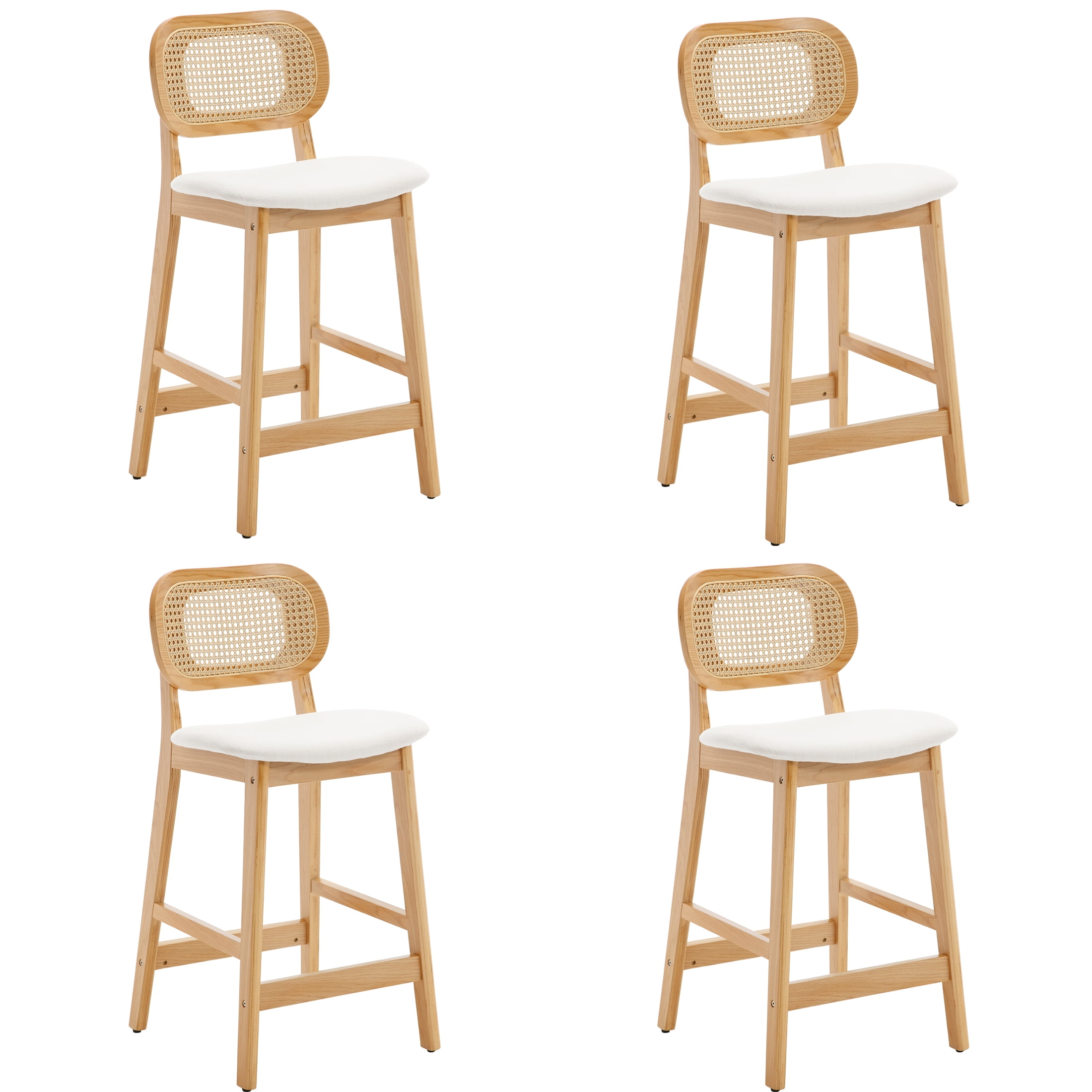 Guyou Rattan Counter Height Bar Stools Set of 4, Wooden Farmhouse Bar Stools, Linen Upholstered ...