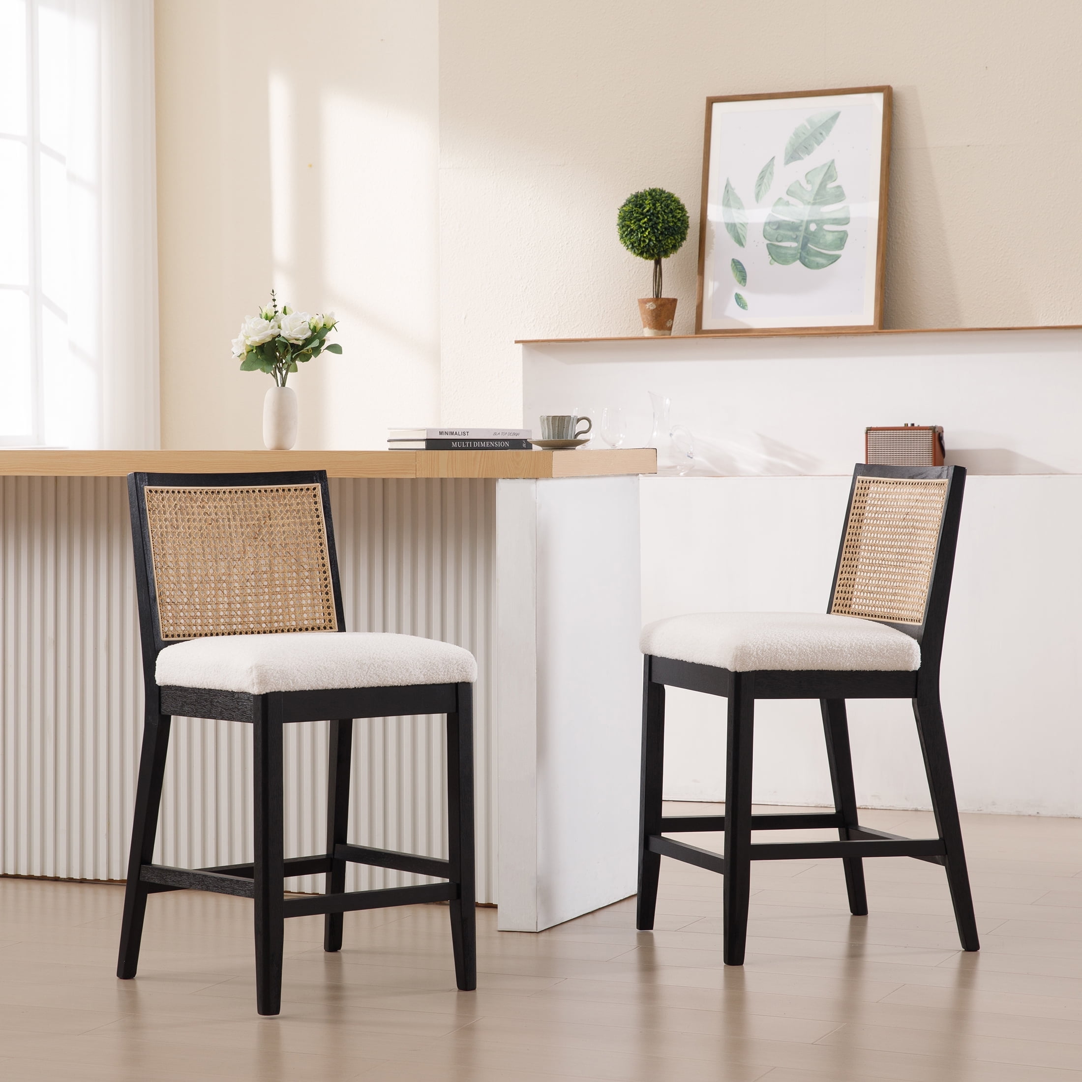Guyou Rattan Counter Stools Set of 2, 26 Inch Modern Sherpa Upholstered ...