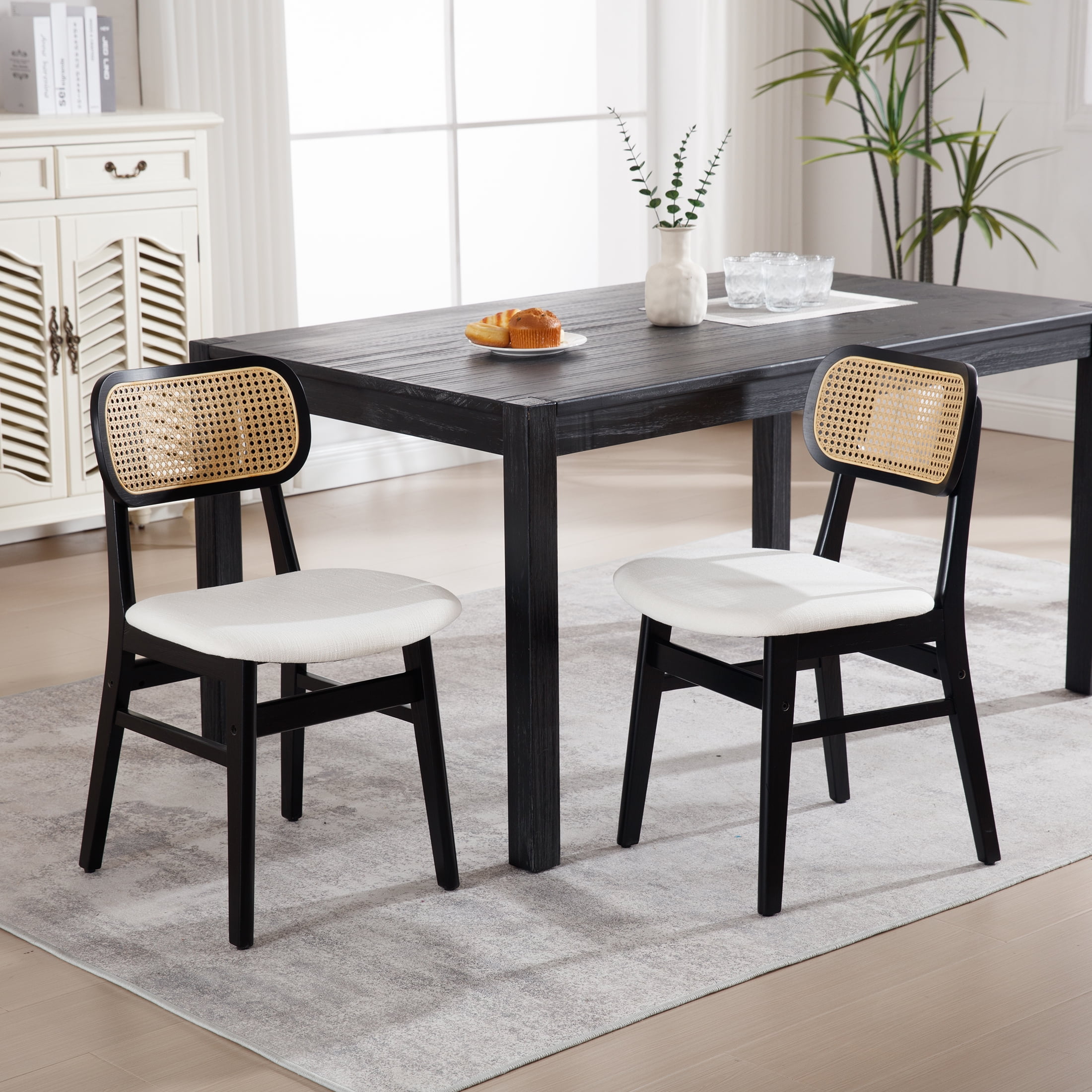 Guyou Rattan Dining Chairs Set of 2, Farmhouse Black Wooden Dining Side ...