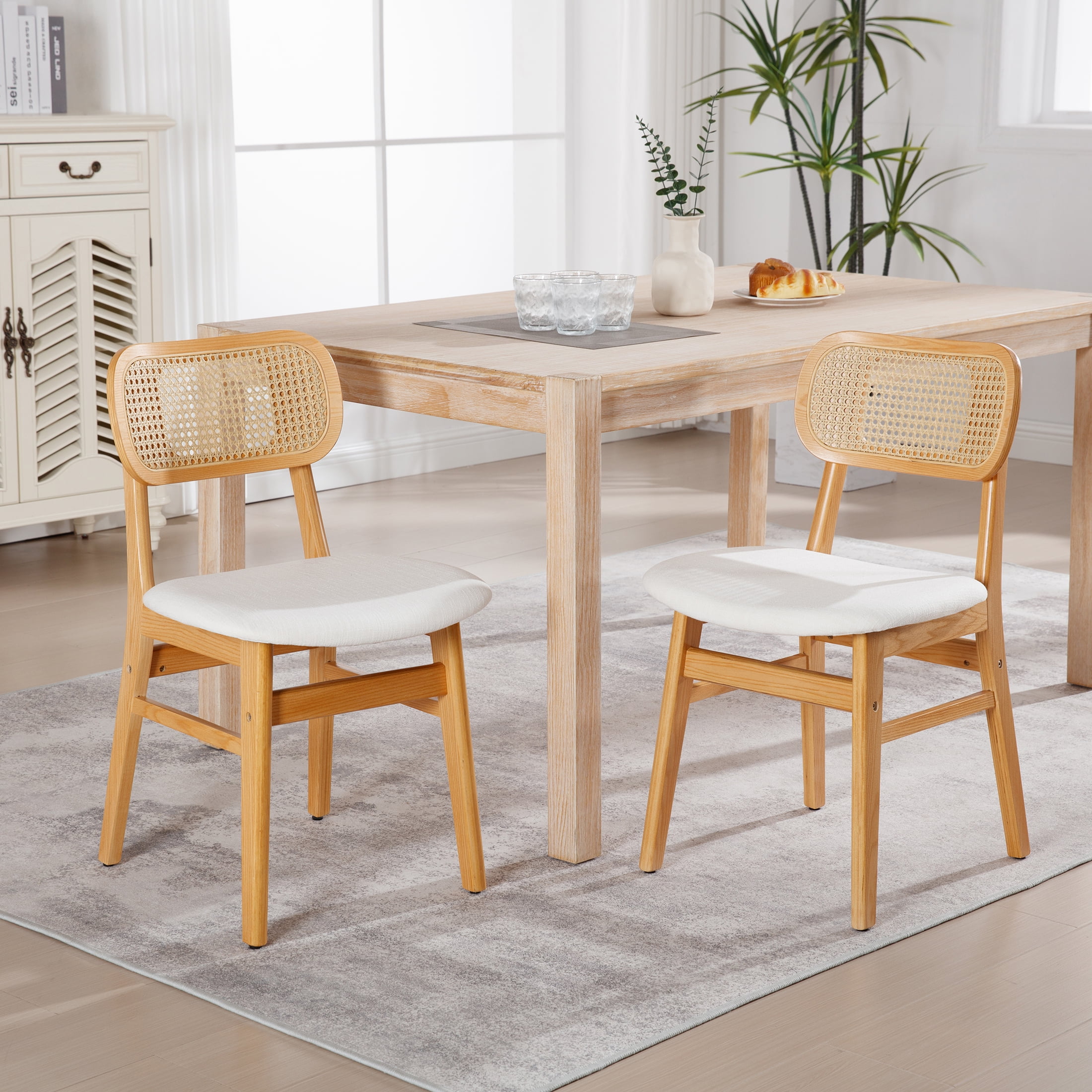 Guyou Rattan Dining Chairs Set of 2, Farmhouse Natural Wooden Dining ...