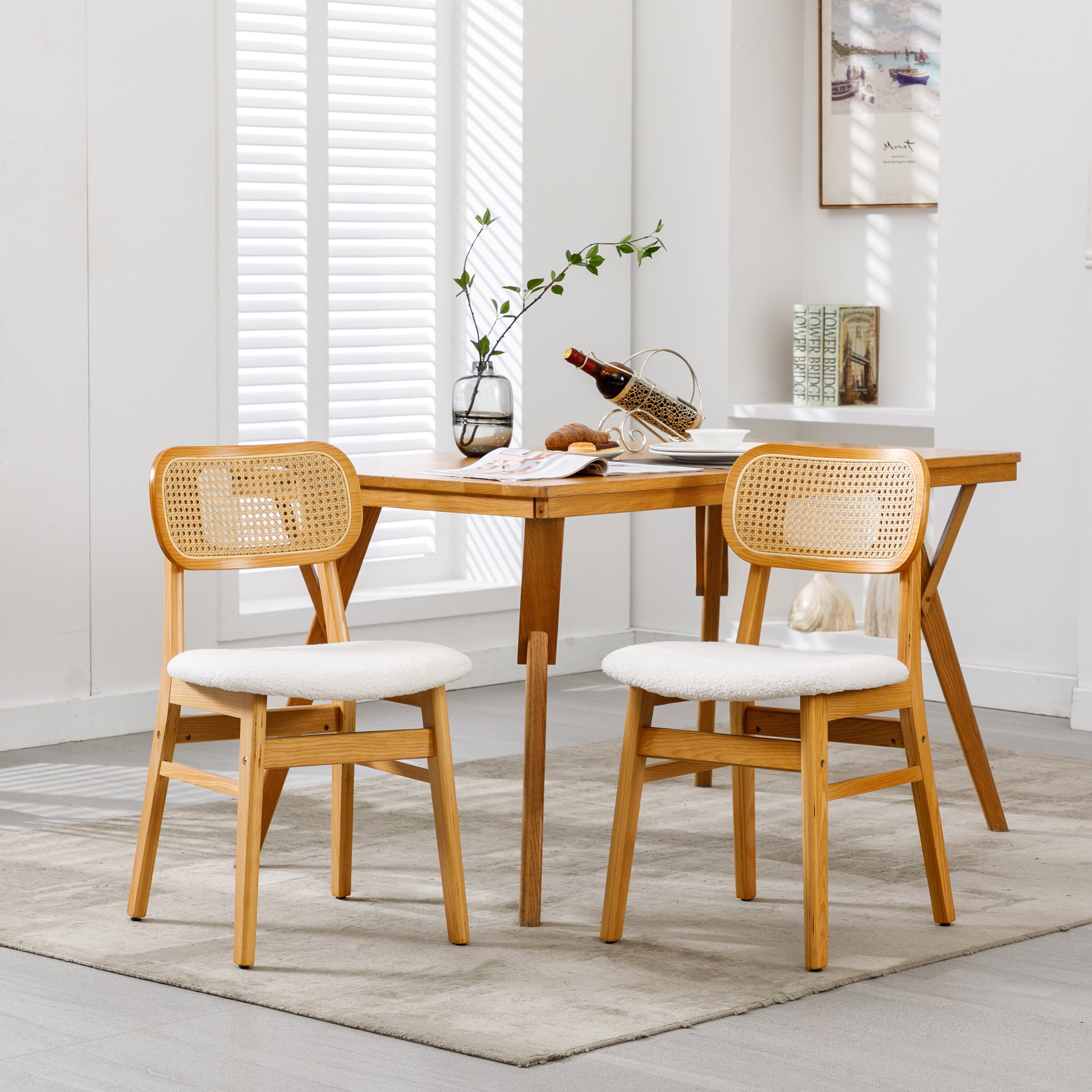 Guyou Rattan Dining Chairs Set of 2, Farmhouse Natural Wooden Dining ...