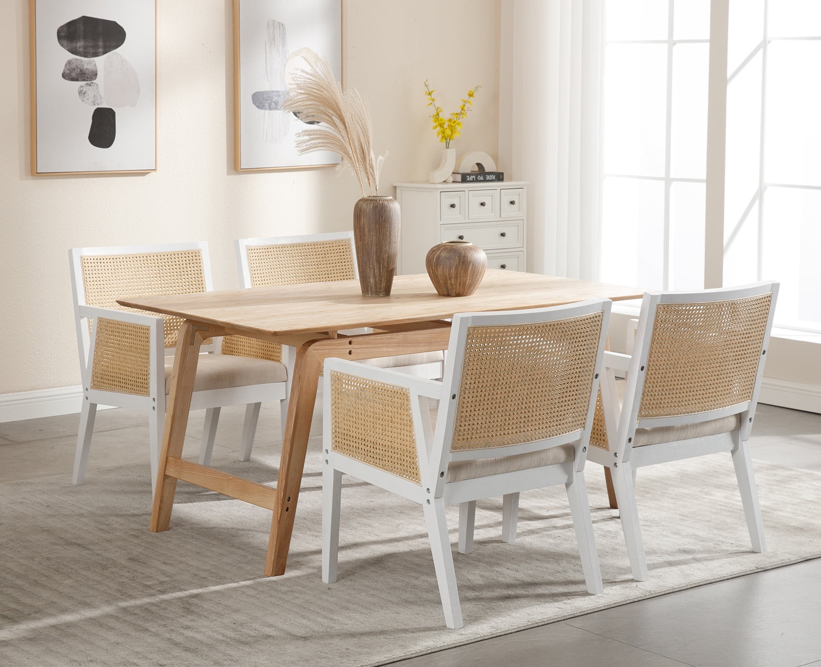 Guyou Rattan Dining Chairs Set of 4, Mid Century Modern Linen ...