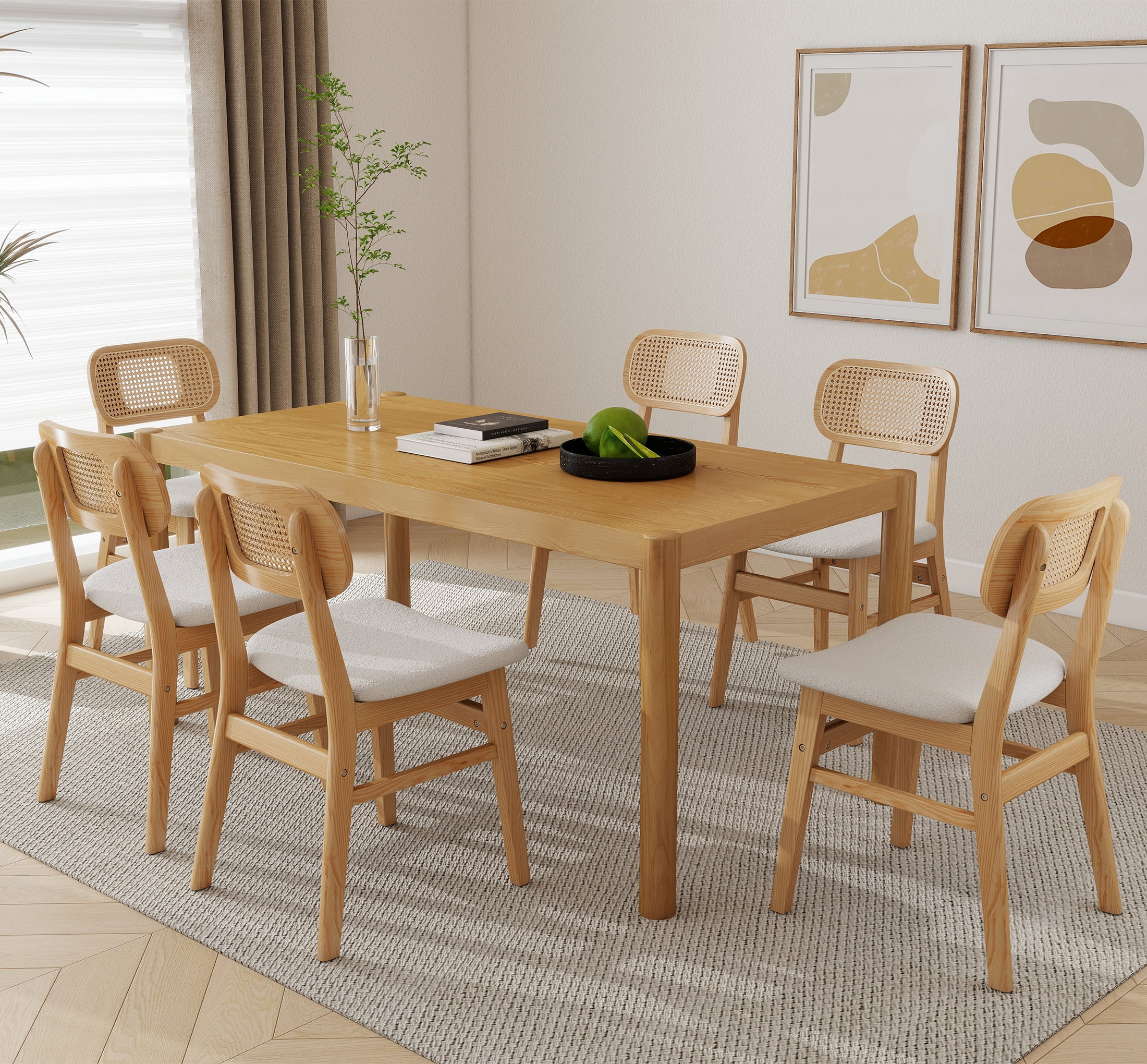 Guyou Rattan Dining Chairs Set of 6, Farmhouse Natural Wooden Dining ...