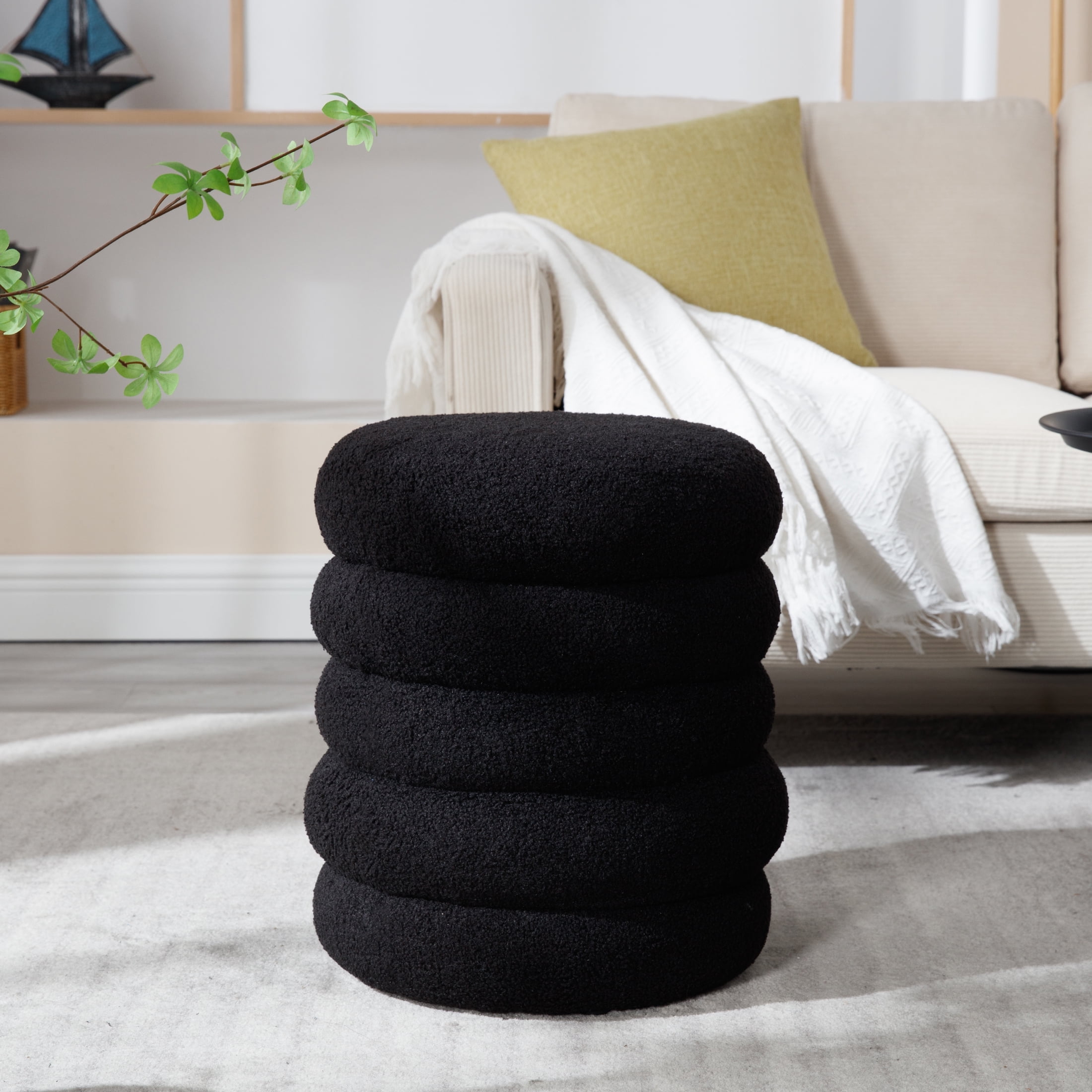 Guyou Round Storage Ottoman, Upholstered Sherpa Footstool, Small Boucle ...