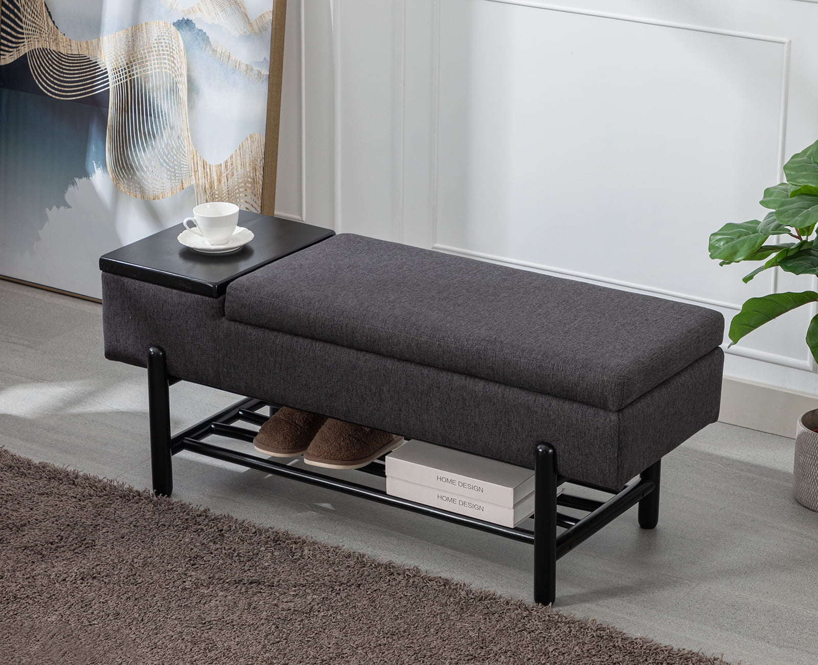 Guyou Storage Bench Sherpa End of Bed Ottoman Bench with Wooden Shoe ...