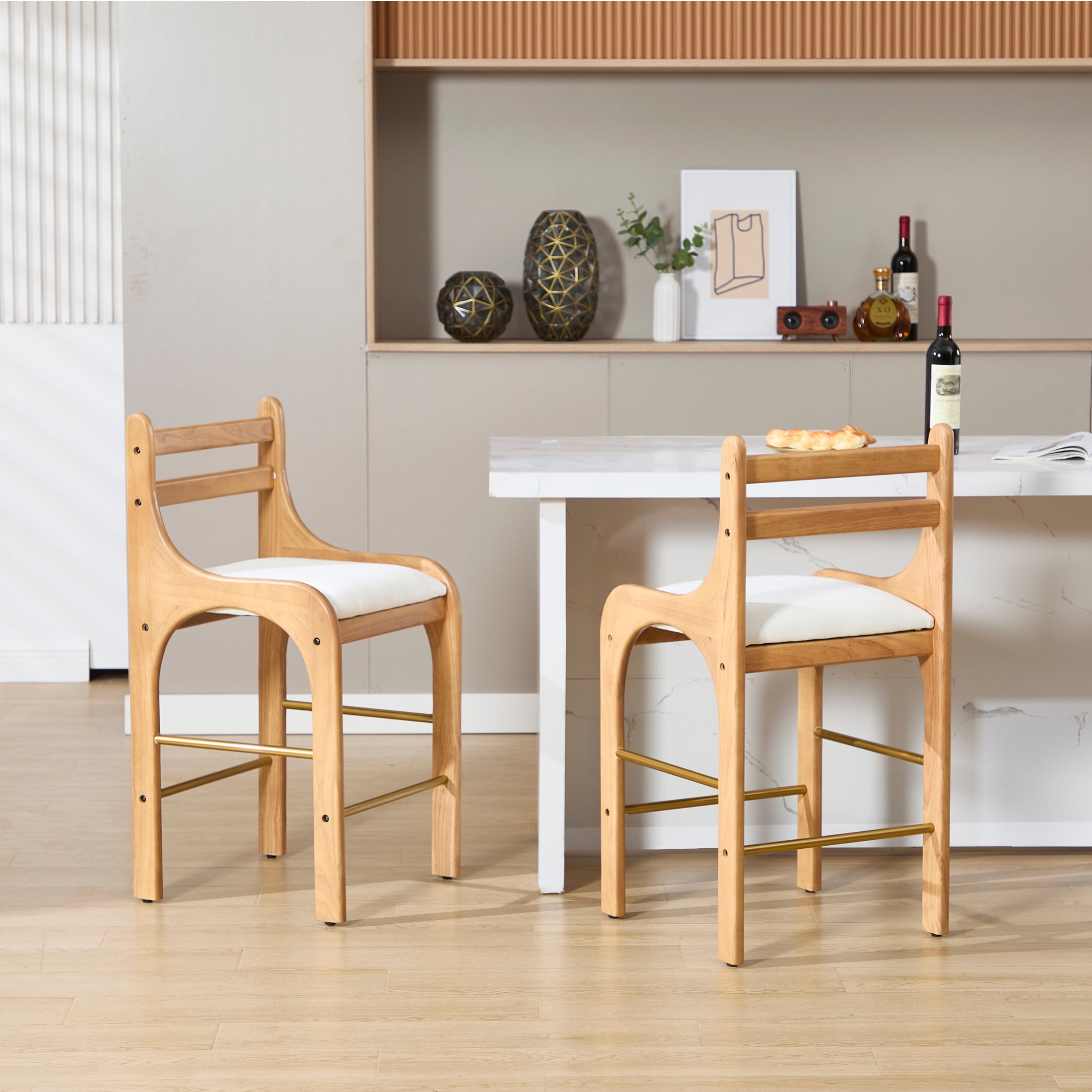 Guyou Upholstered 25'' Counter Stool with Solid Wood Frame,White/Log ...