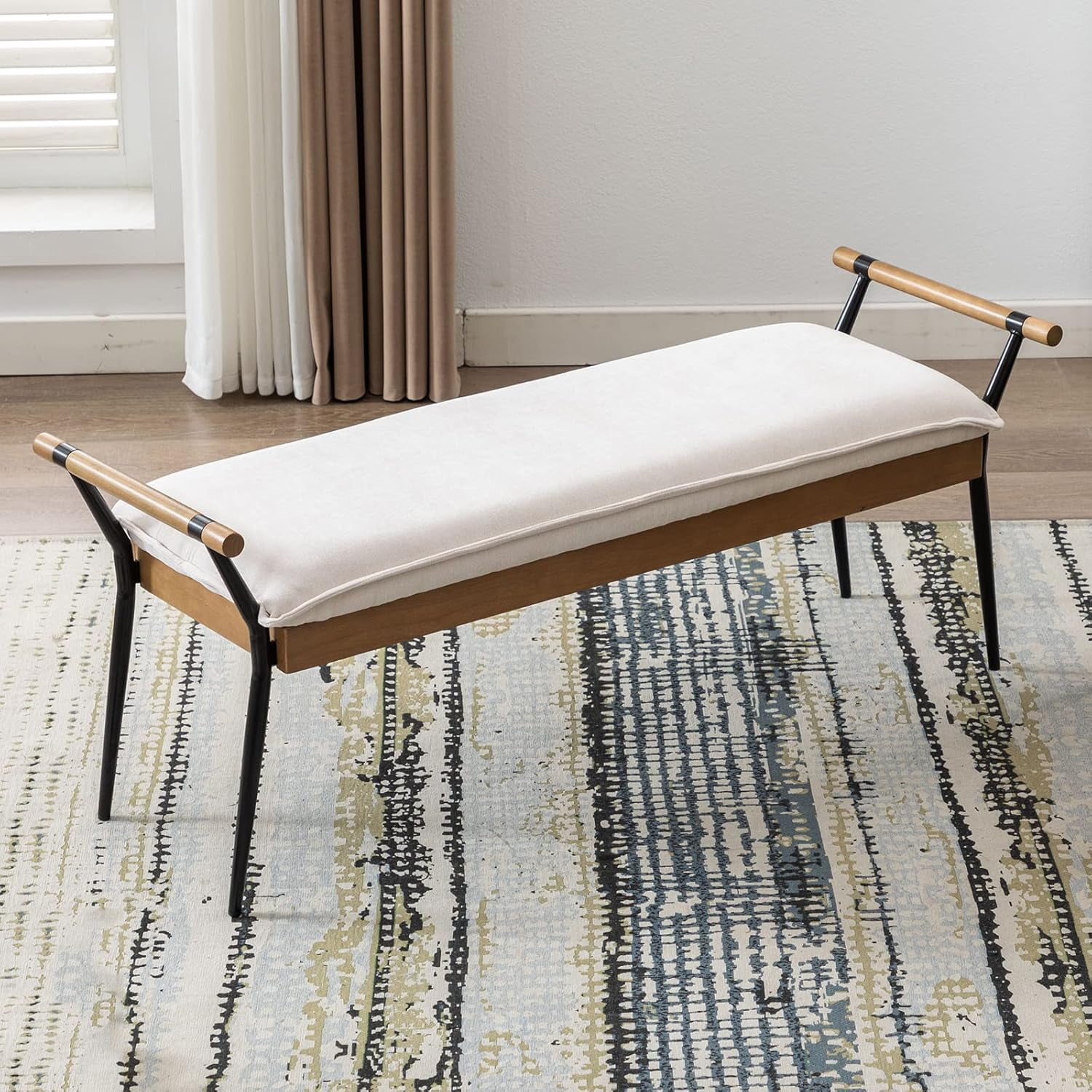 Guyou Upholstered Bench with Arms and Metal Legs, Begie - Walmart.com