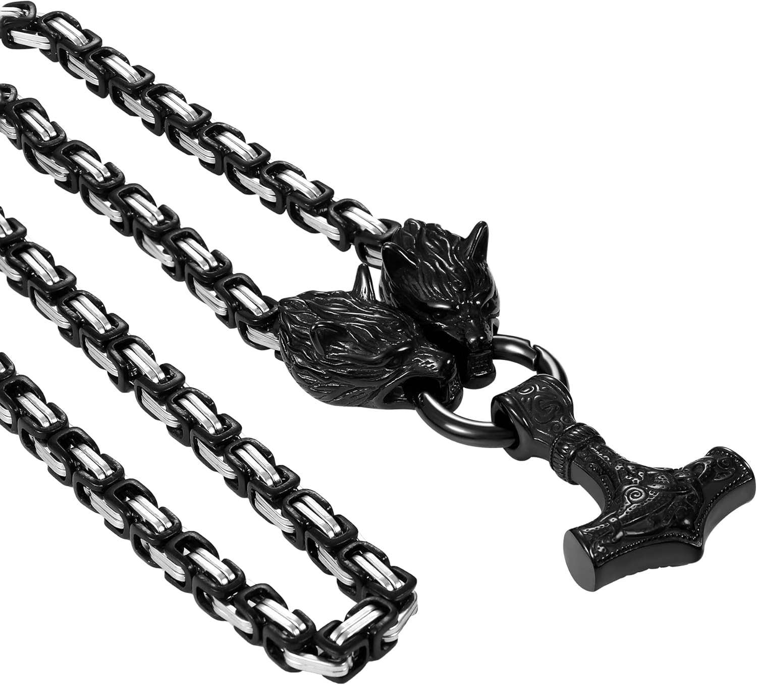 Guyujia Viking Mjolnir Necklace for Men with Wolf Head King Chain ...