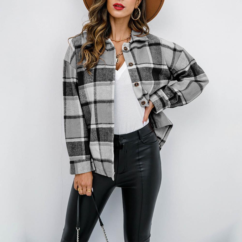 Guzom Womens Plaid Shackets- Button Long Sleeve Casual Lightweight ...