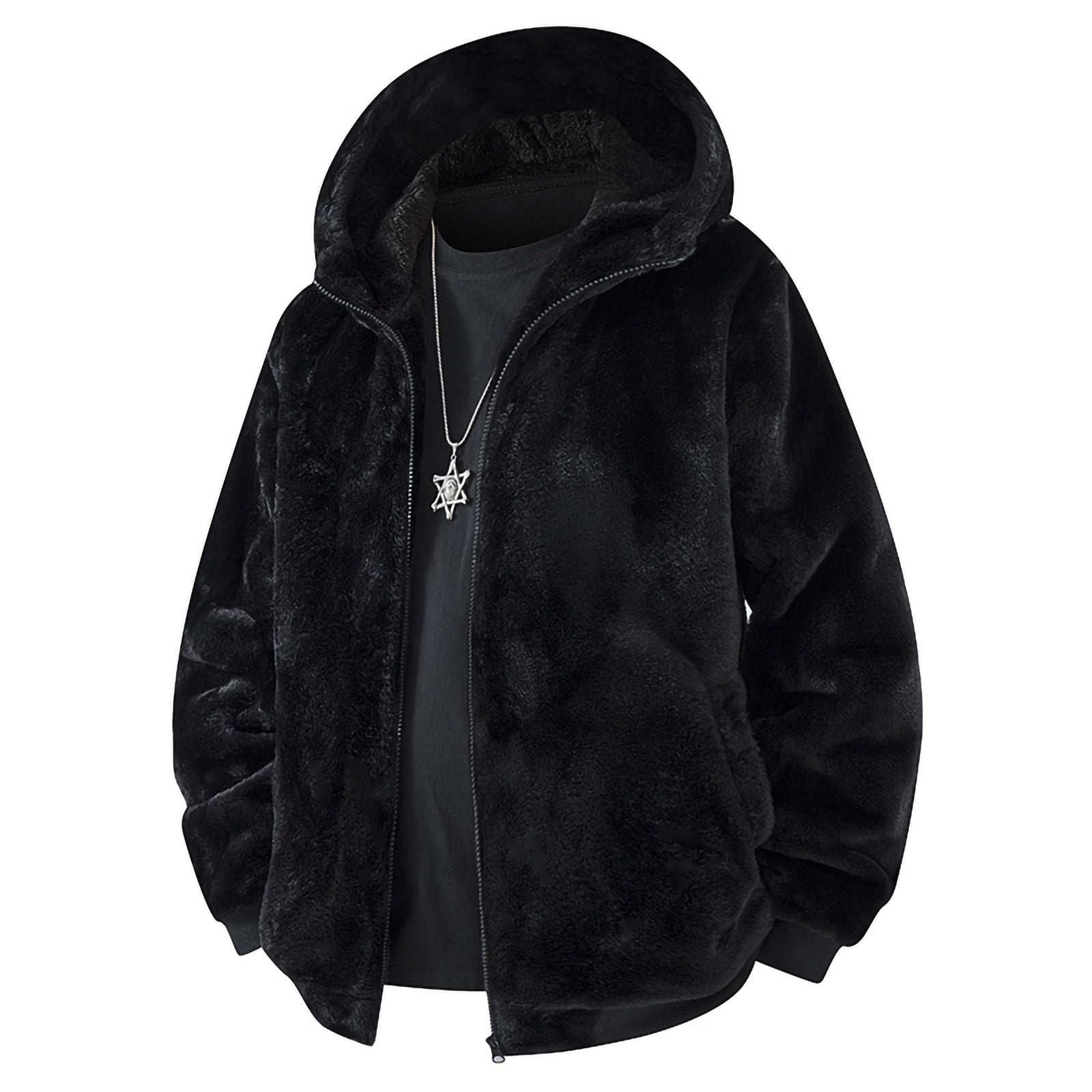 GuzomFashion Mens Winter Coats Mens Warm PU Fuzzy Plush Hooded Jacket ...