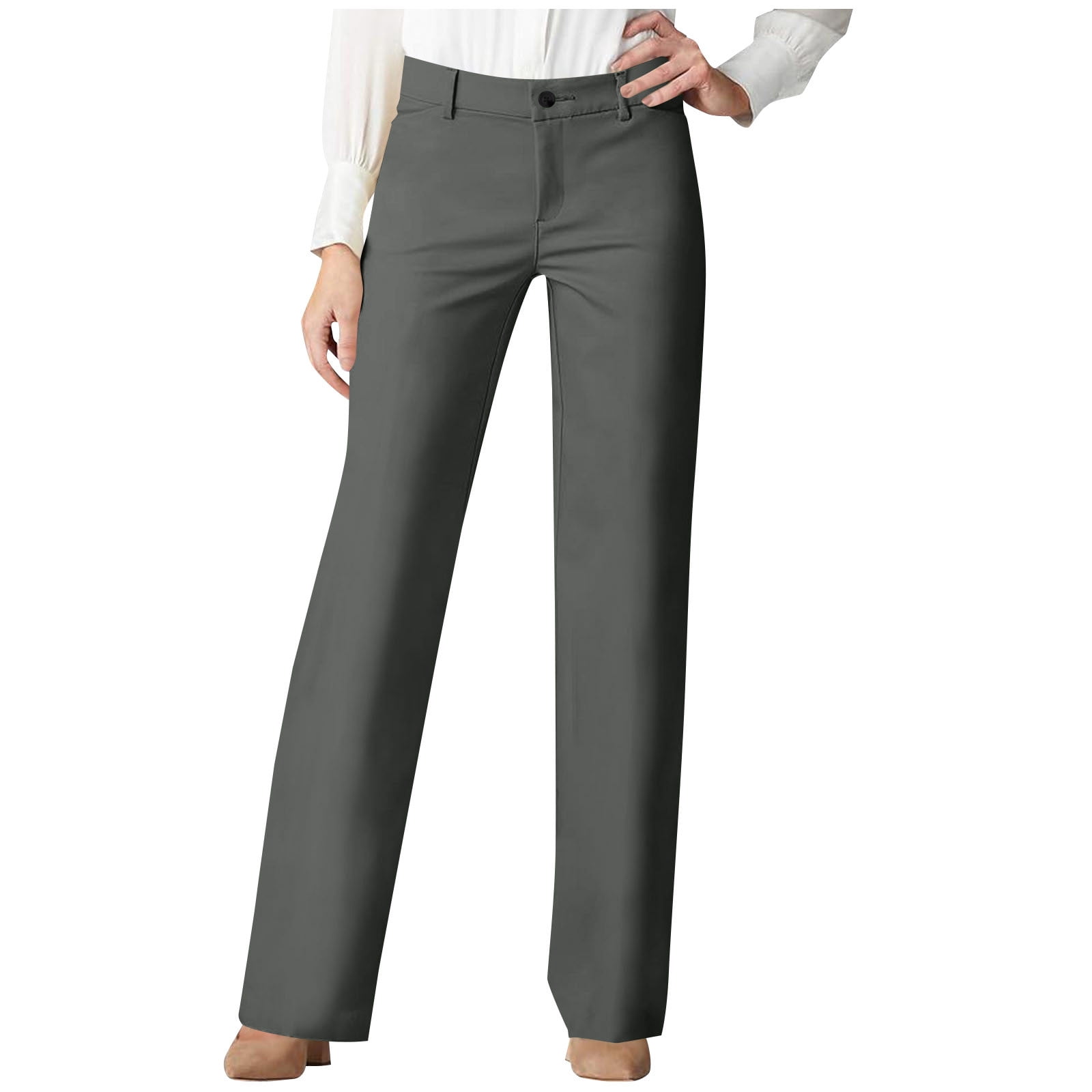 GuzomFashion Womens Gray Straight Leg Wrinkle Resistant Work Pants ...