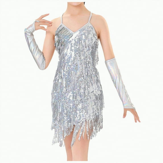 Gvdentm Kids Girls Dress Tassels Sequins Fringe Latin Dance Dress Party ...