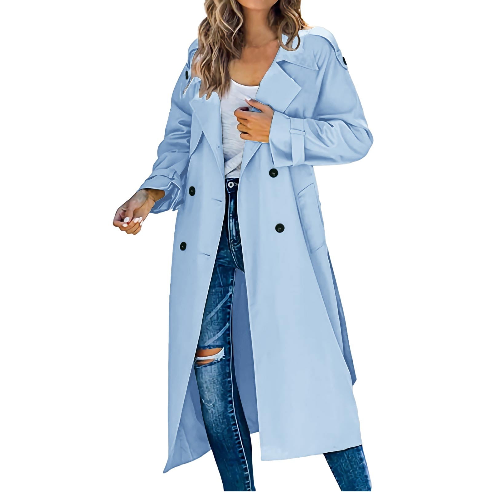 Gvdentm Women Long Sleeve Trench Coat Double Turndown Collar Long Coats ...