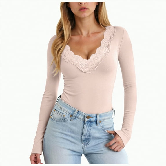 Gvdentm Women Tshirts Trendy Women Sexy V Neck Lace Long Sleeve Shirts ...