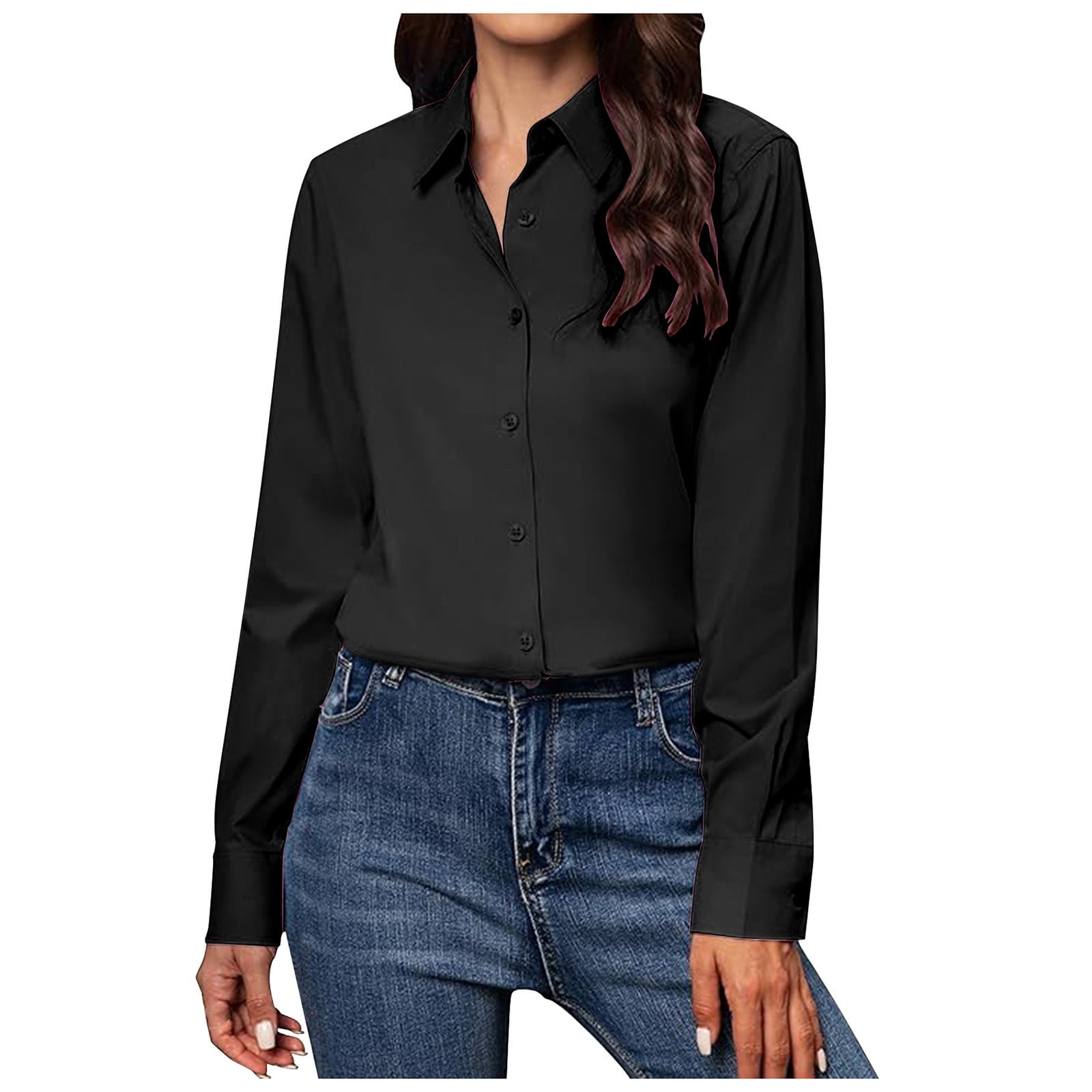 Gvdentm Womens Button Long Sleeve Shirts Dress Shirts Office Work Tops ...