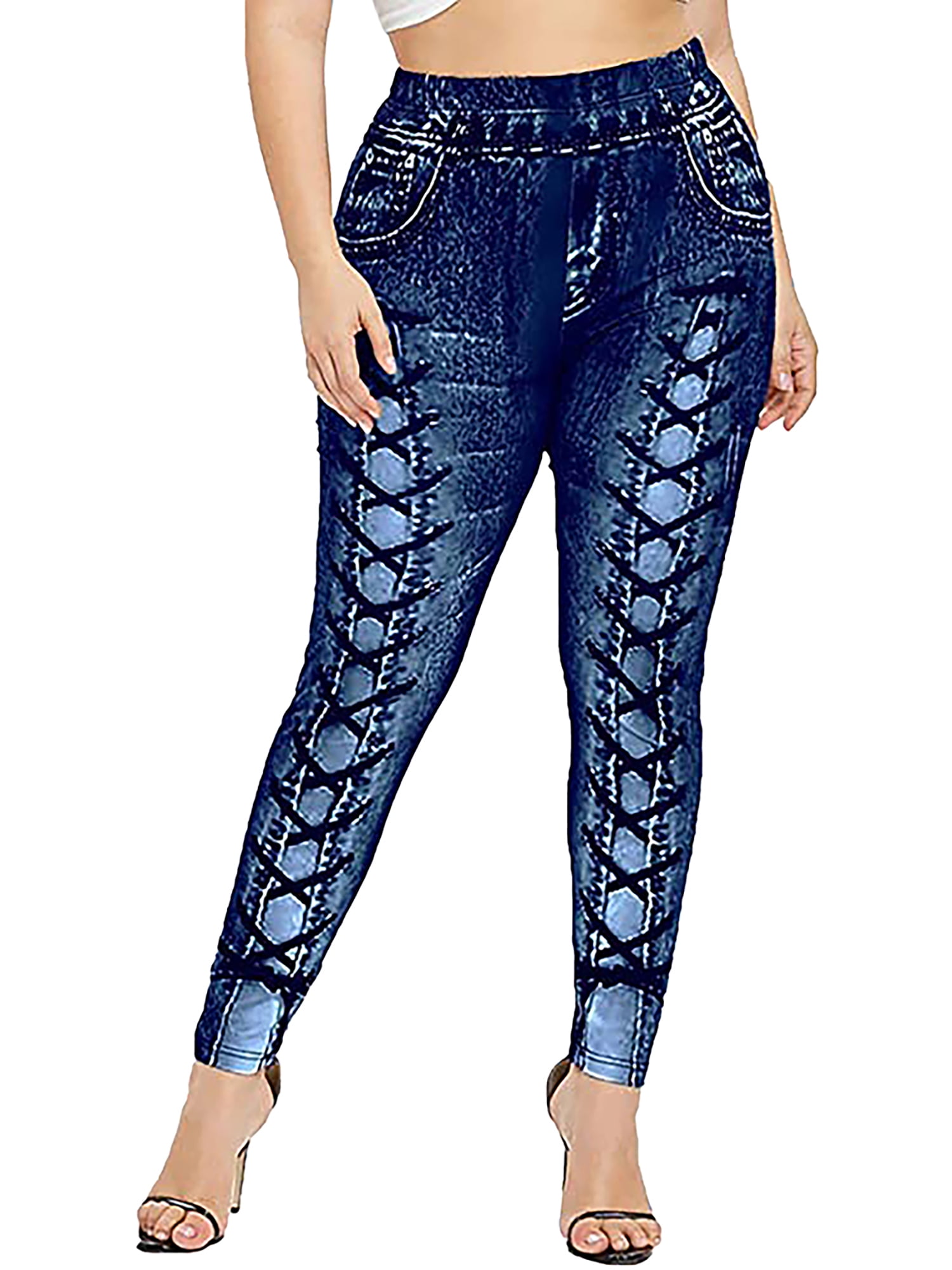 Gvmfive Women Fake Jeans Denim Print Leggings Plus Size - Walmart.com