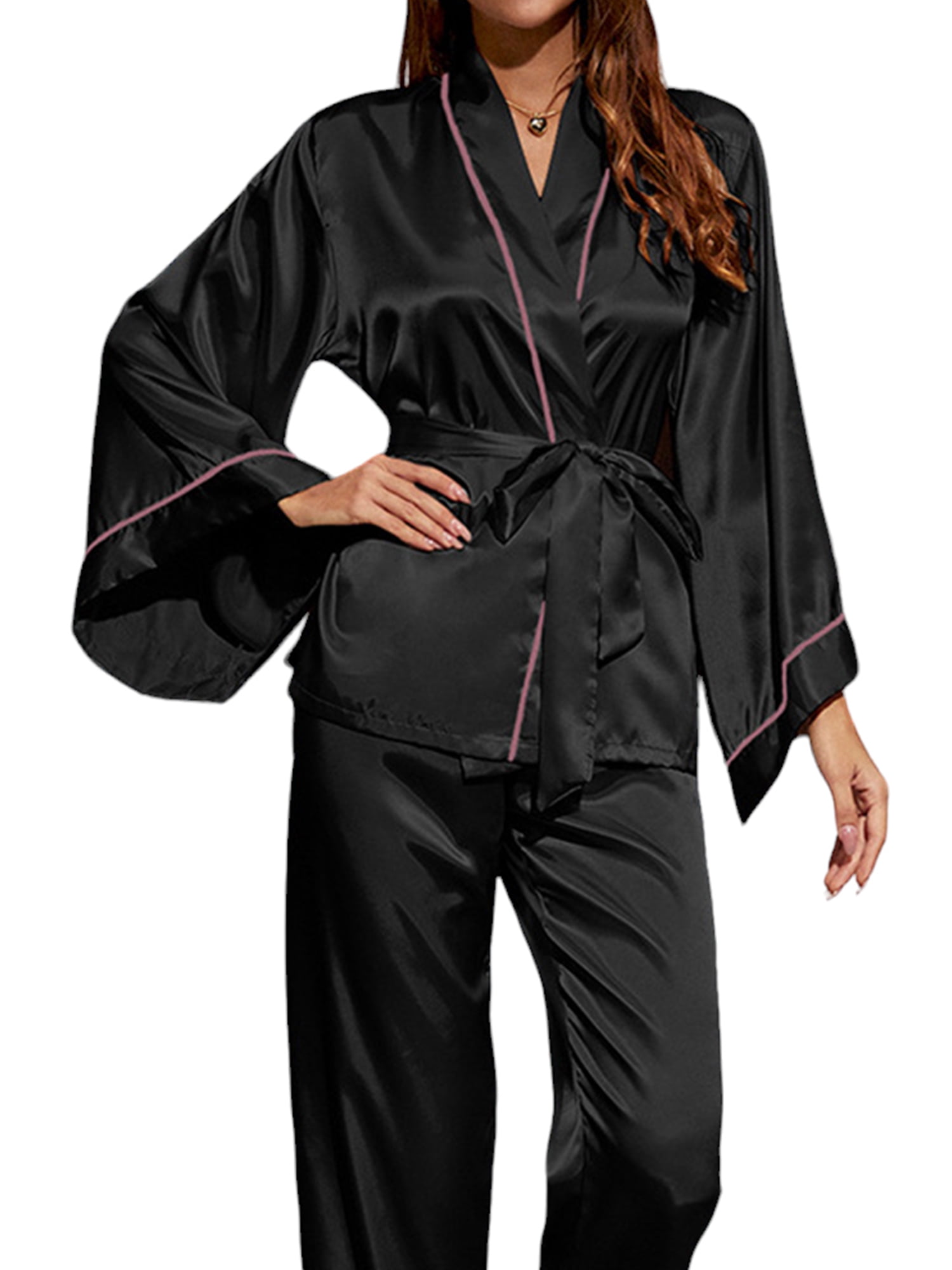 Gvmfive Women Pajamas Set Satin Nightgown Robe Kimono and Pants ...
