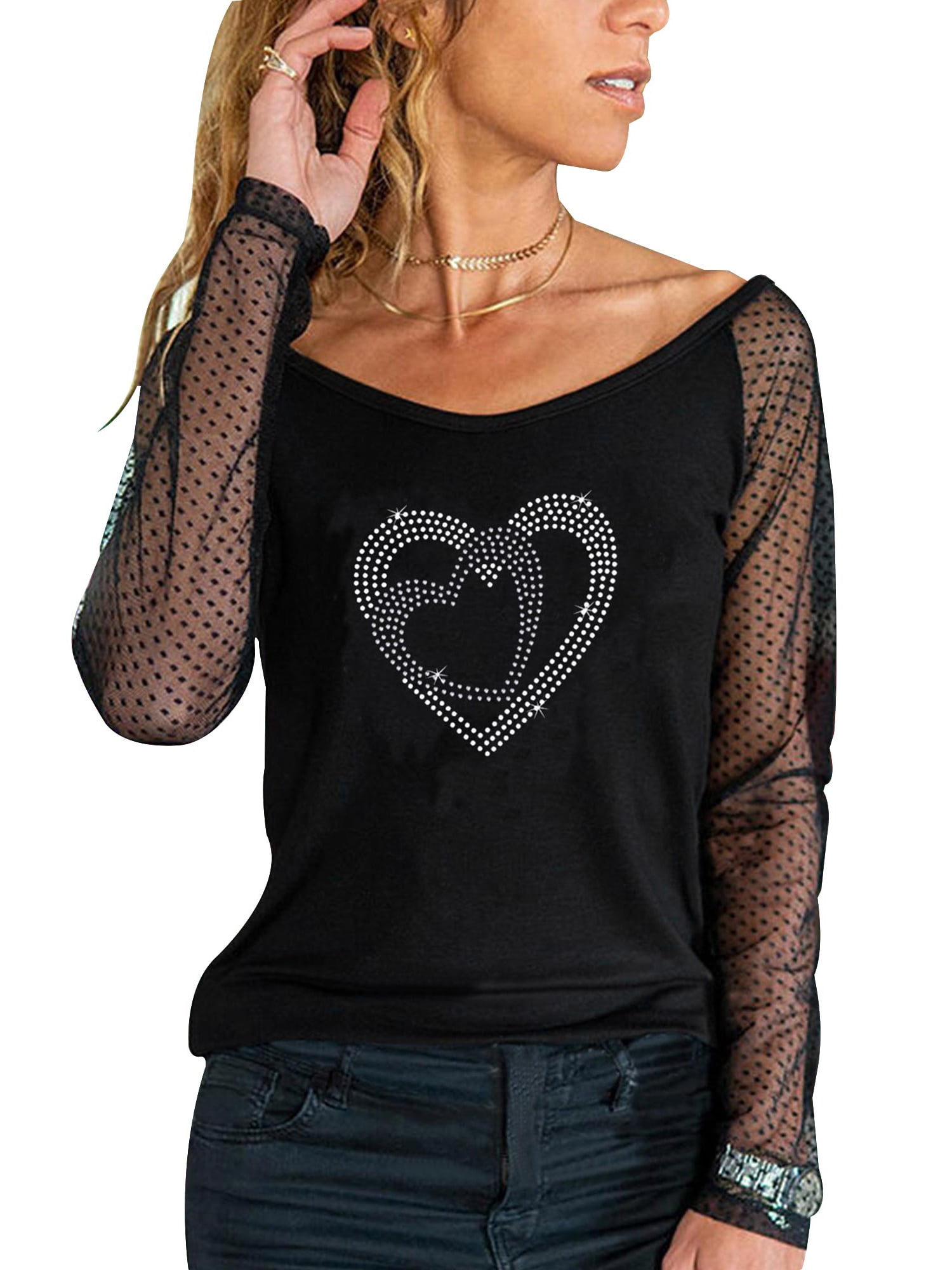 Gvmfive Women Sheer Mesh Long Sleeve Boat Neck Rhinestones Tops Blouse ...
