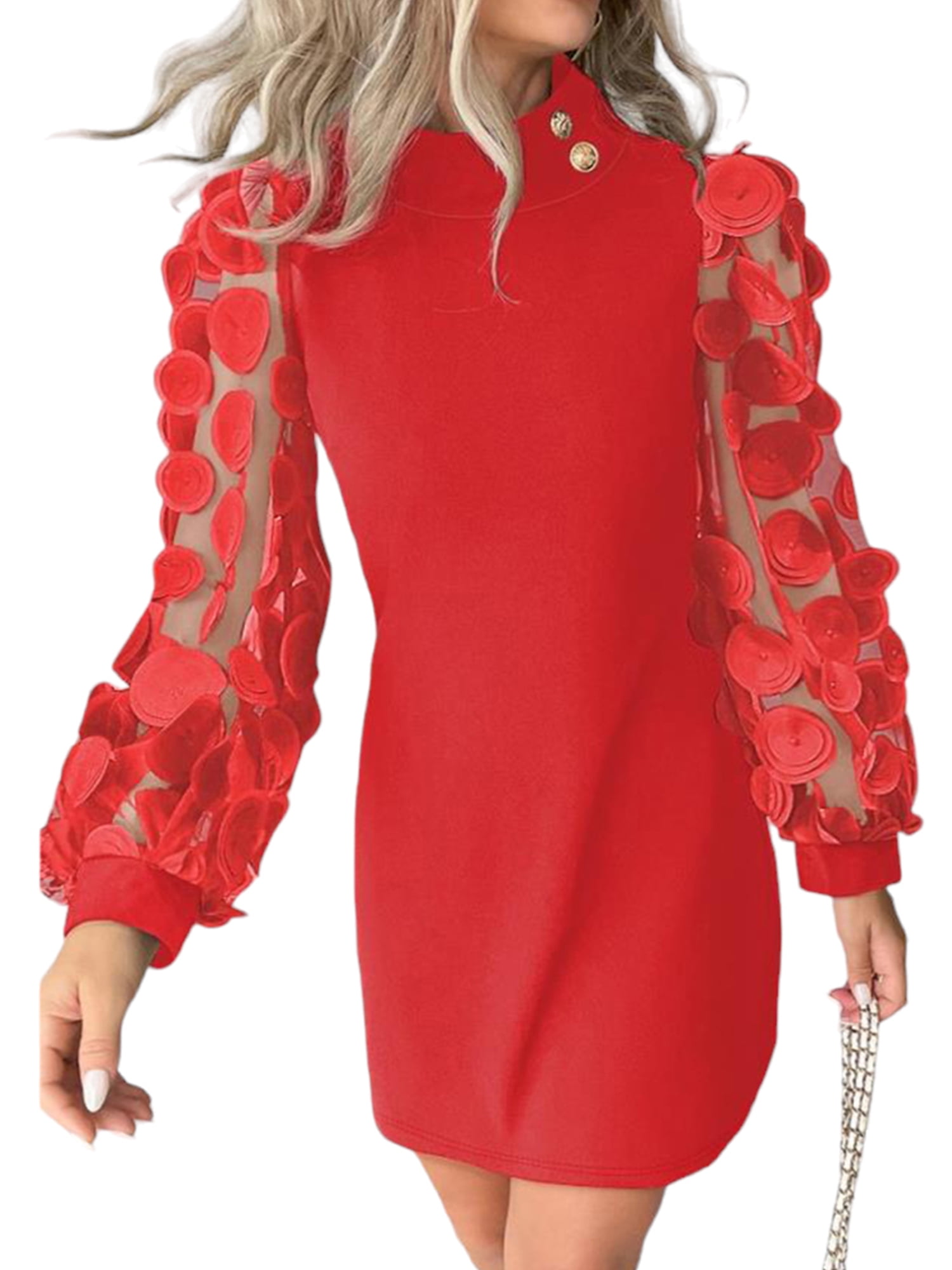 Gvmfive Women's Elegant Sheer Long Sleeve Cocktail Party Ball Gown Mini ...