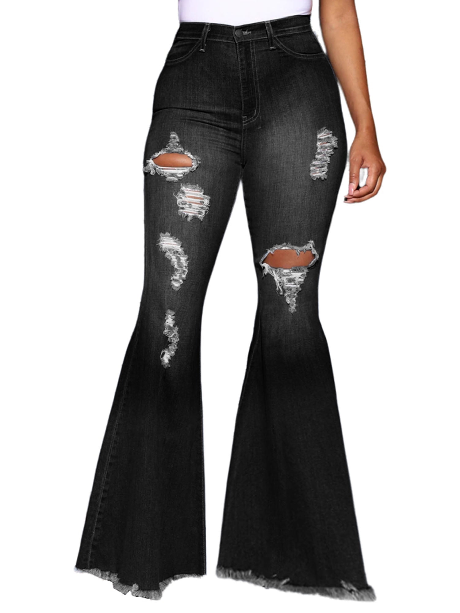 Gvmfive Women's Plus Size Distressed Bell Bottoms Casual Flared Jeans ...