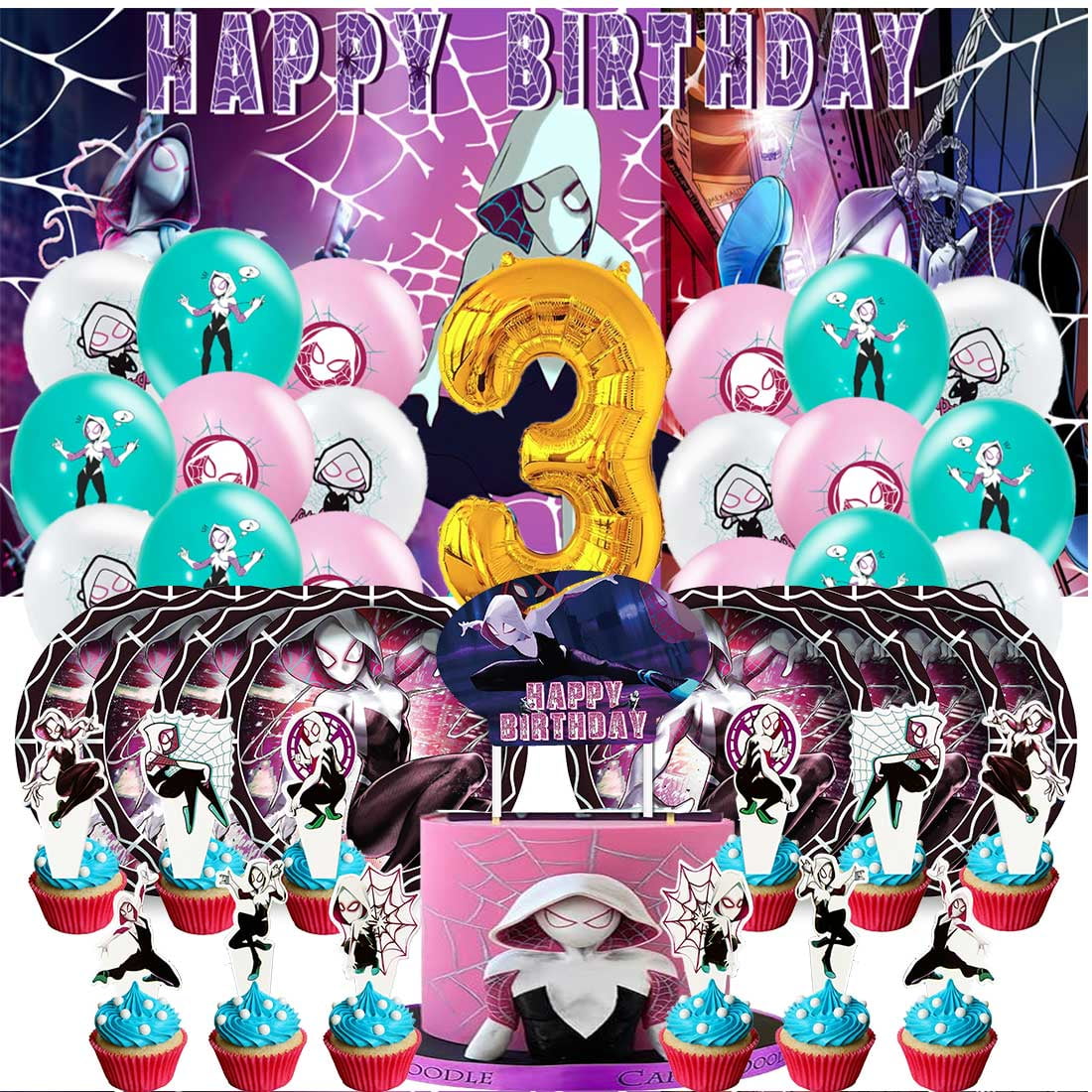 Gwen Spider Girl Balloons Party Supplies 3rd Decor Tableware Birthday Cake Topper Decorations ...