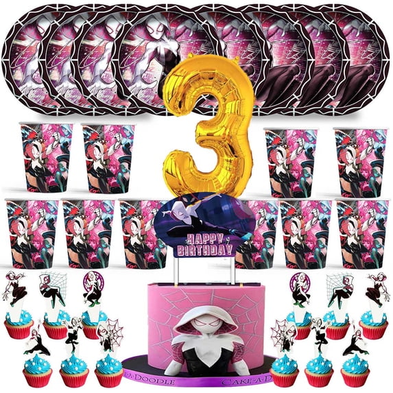 Gwen Spider Girl Birthday 3rd Cups Party Supplies Plates Fans ...