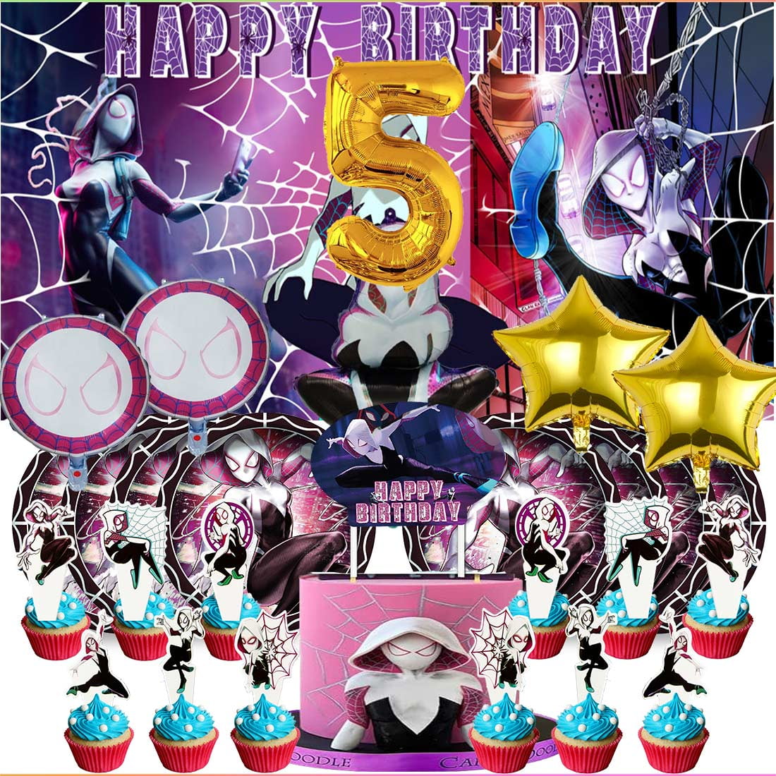 Gwen Spider Woman 5th Tableware Balloons Cake Toppers Backdrop Banner ...