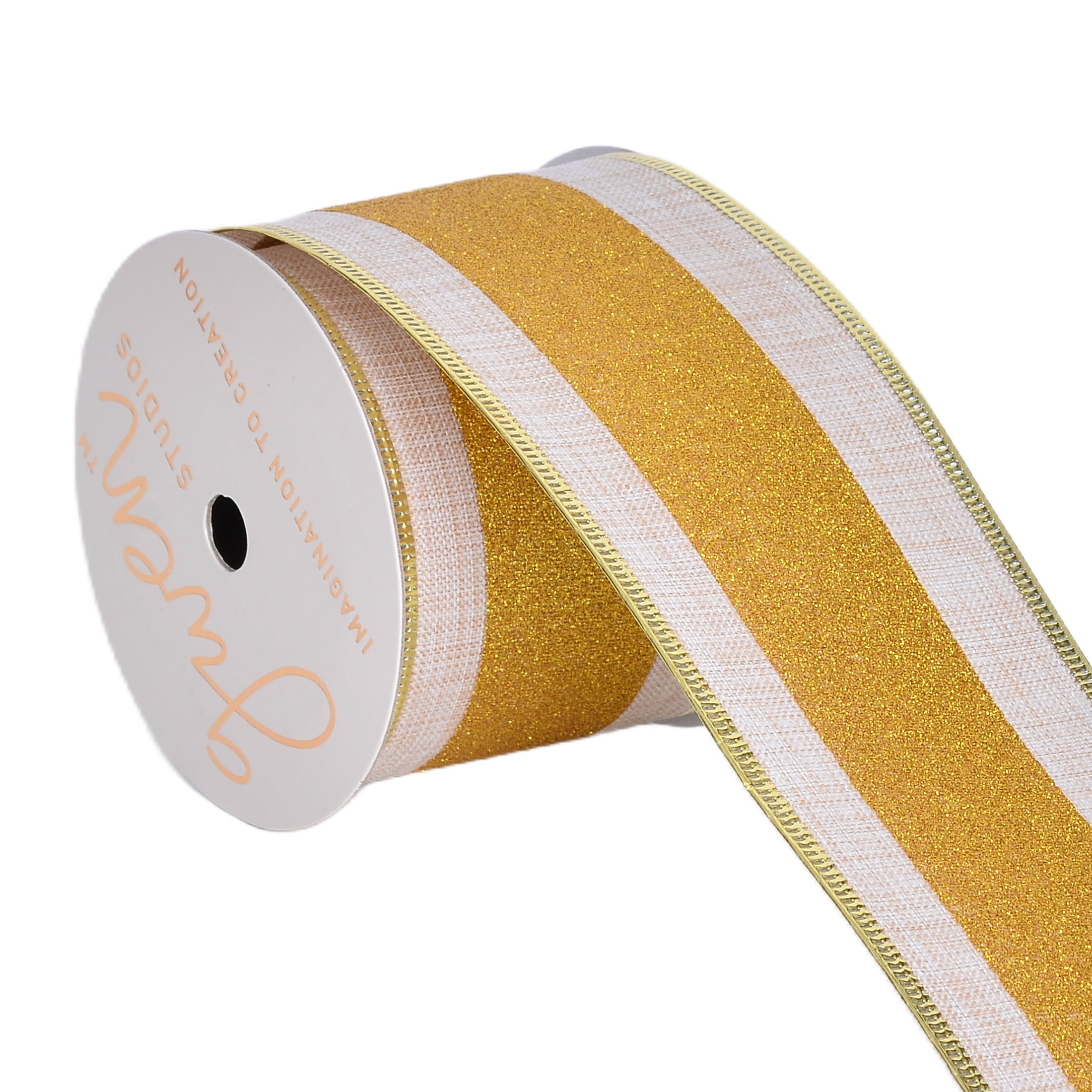 Gwen Studios 2.5" Beige Linen with Gold Glitter Wire Edge Ribbon, 3 Yards - Walmart.com