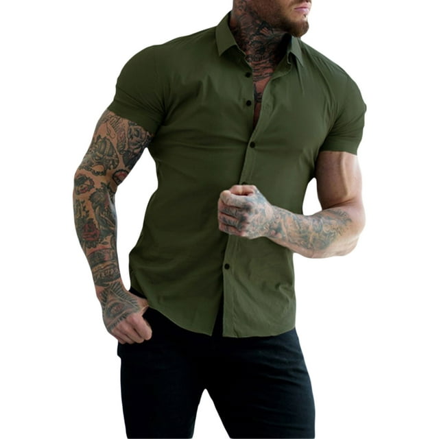 Gwiyeopda Casual Men's Muscle Fit Dress Shirts Short Sleeve Athletic Fit Button Down Shirts S ...