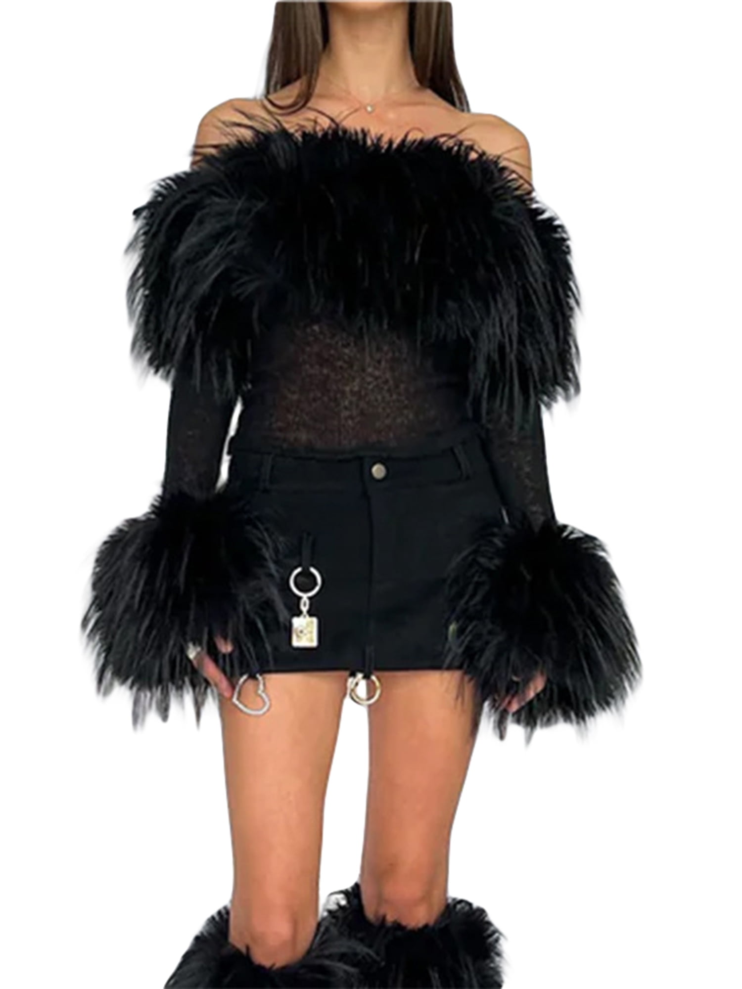 Gwiyeopda Off Shoulder Crop Tops Womens Furry Patchwork Long Sleeve ...