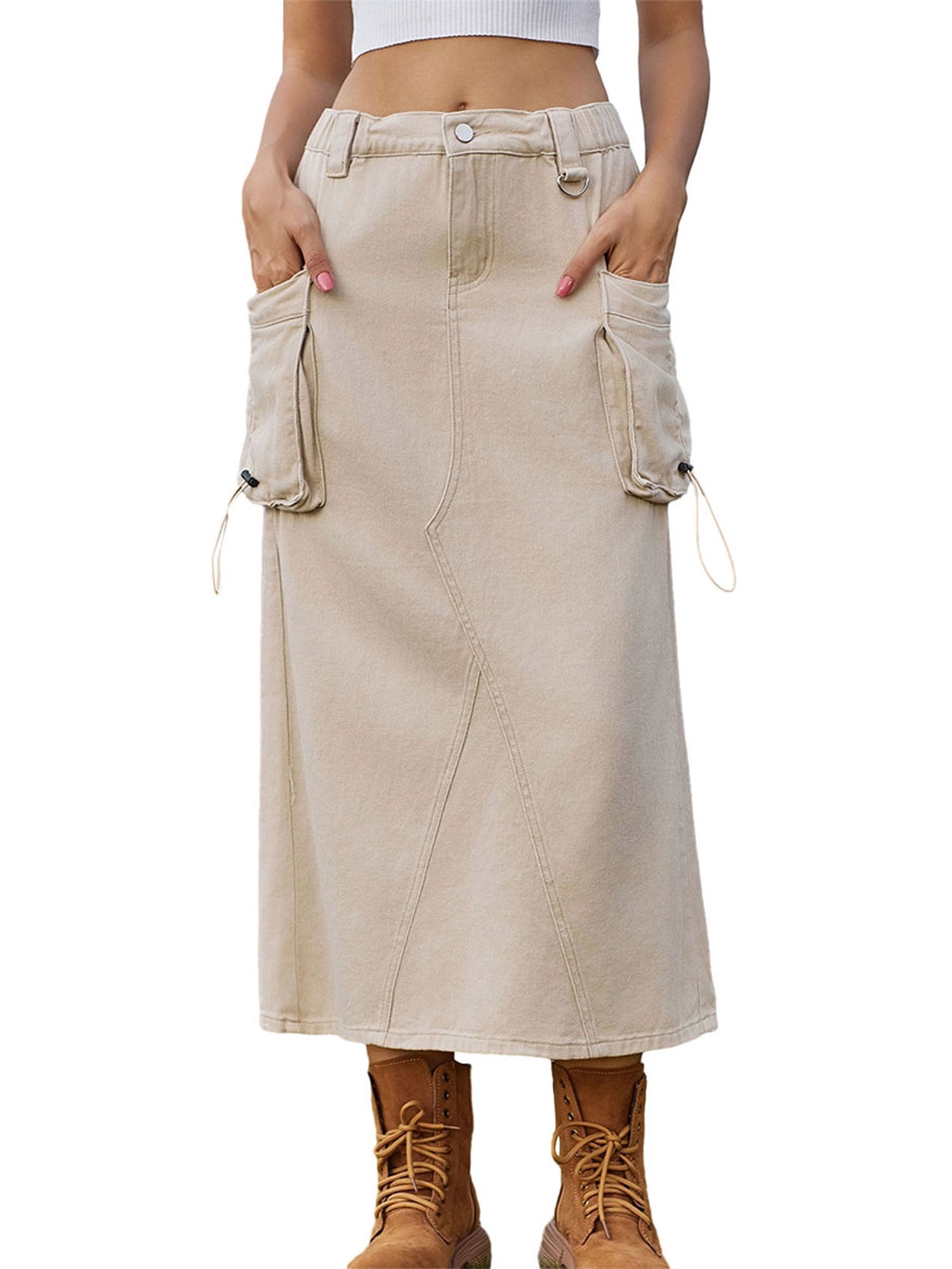 Gwiyeopda Women Denim Cargo Long Skirts High Waisted Pencil Skirt Midi ...