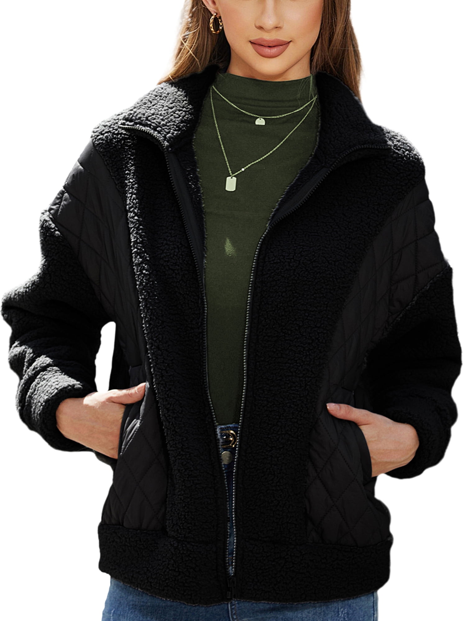 Gwiyeopda Women Fall Winter Fleece Jacket Long Sleeve Patchwork Casual ...