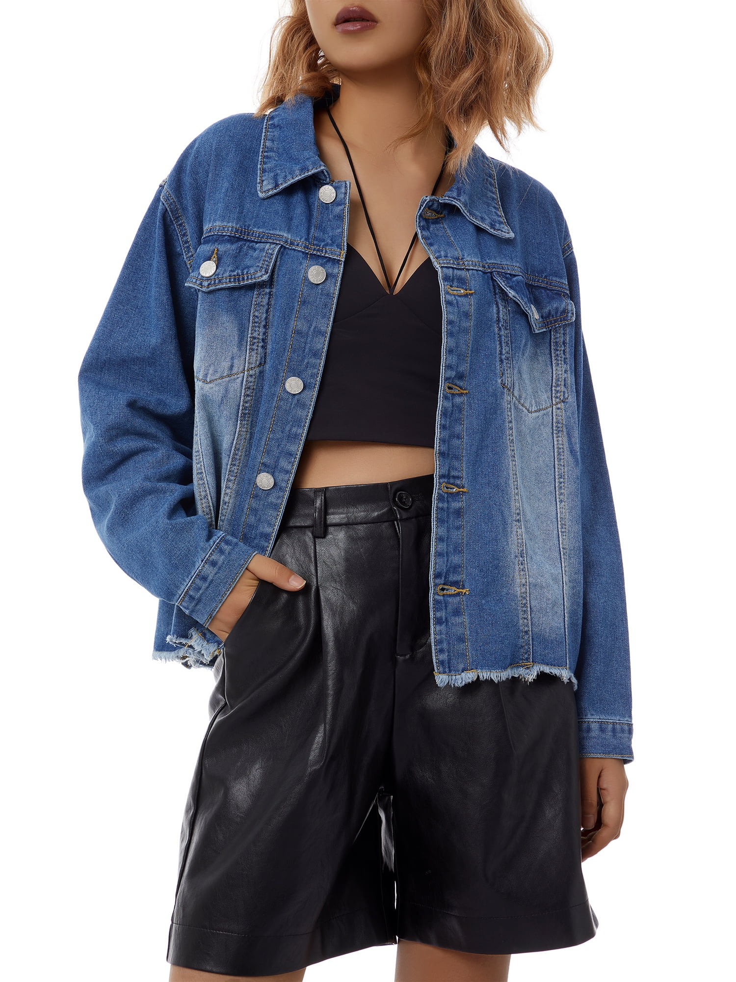 Gwiyeopda Women Jean Jacket Frayed Washed Button Up Cropped Denim ...