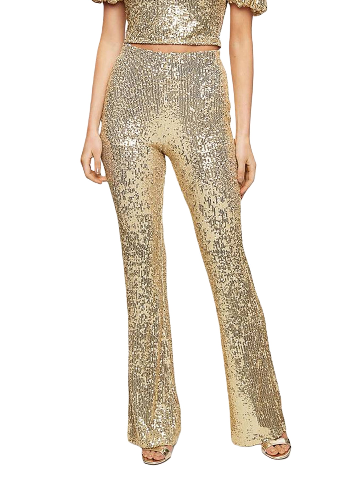 Gwiyeopda Women Sequin Pants Sparkly Glitter High Waisted Wide Leg