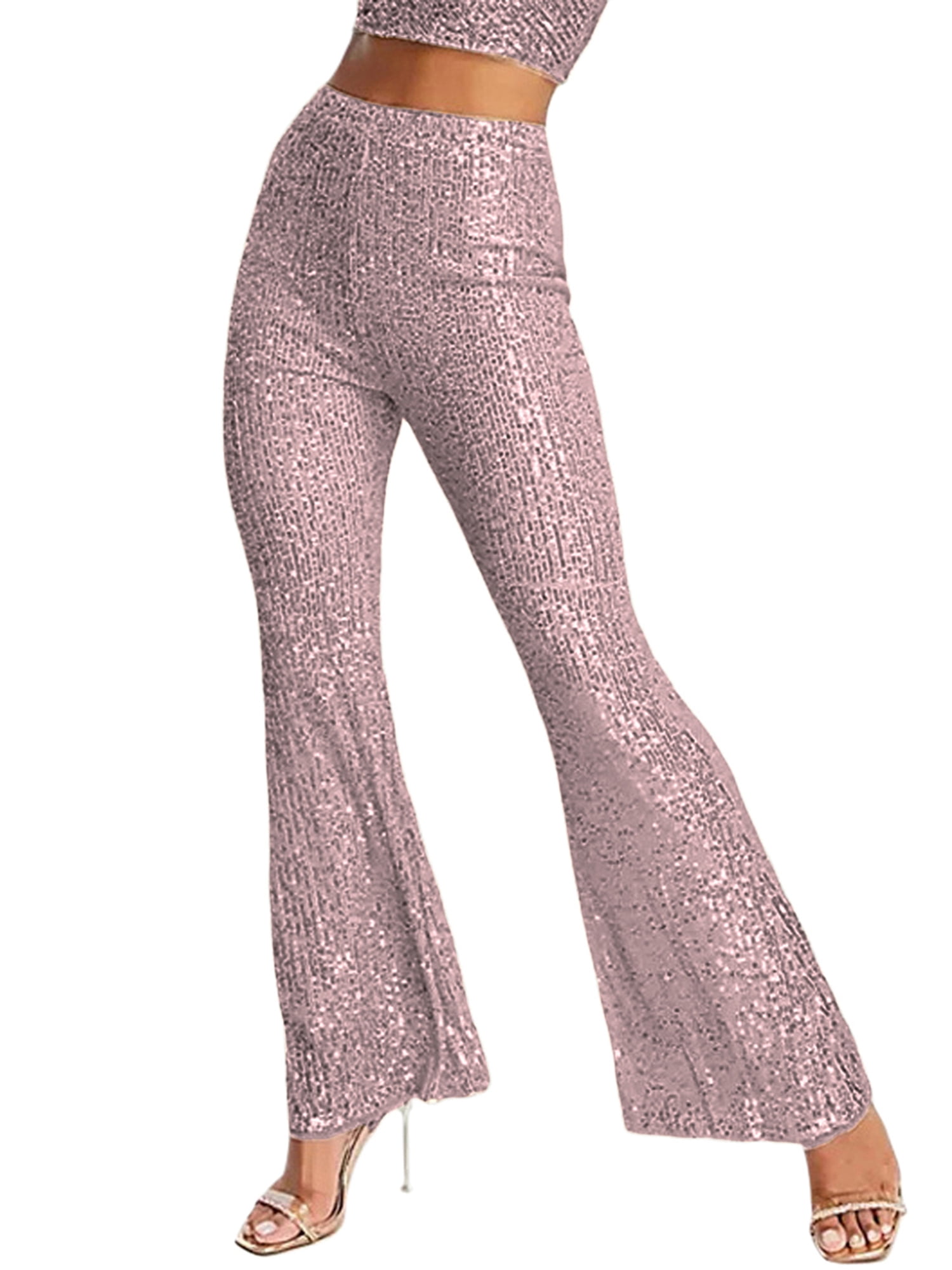 Gwiyeopda Women Sequin Pants Sparkly Glitter High Waisted Wide Leg
