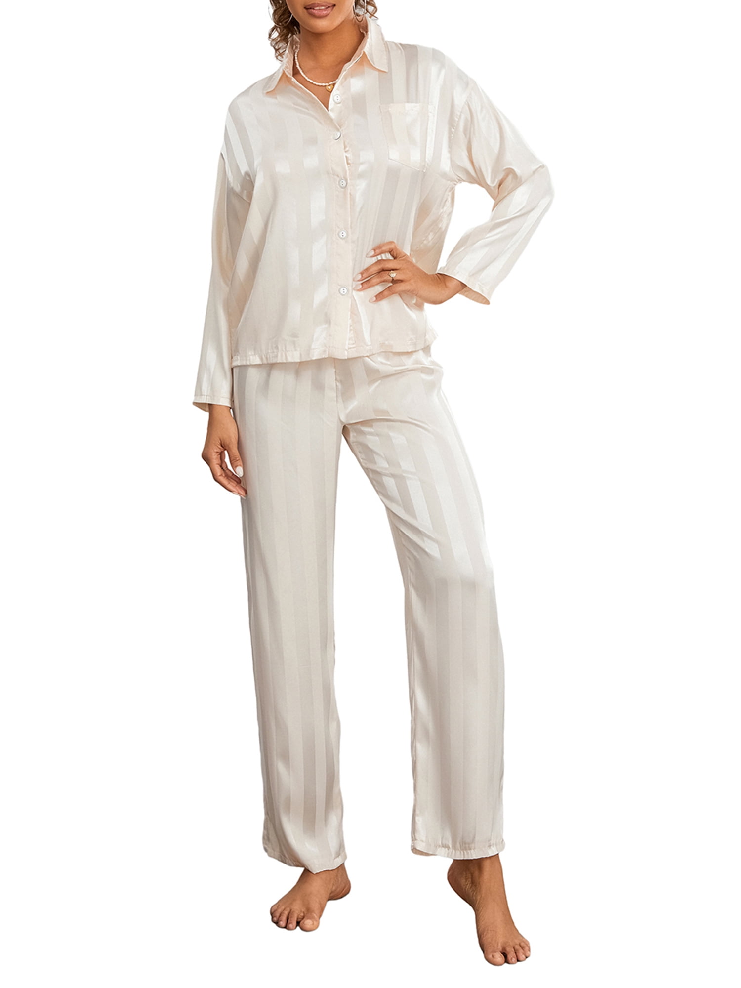 Gwiyeopda Women's Classic Striped Button Down Long Satin Silk Pajama ...