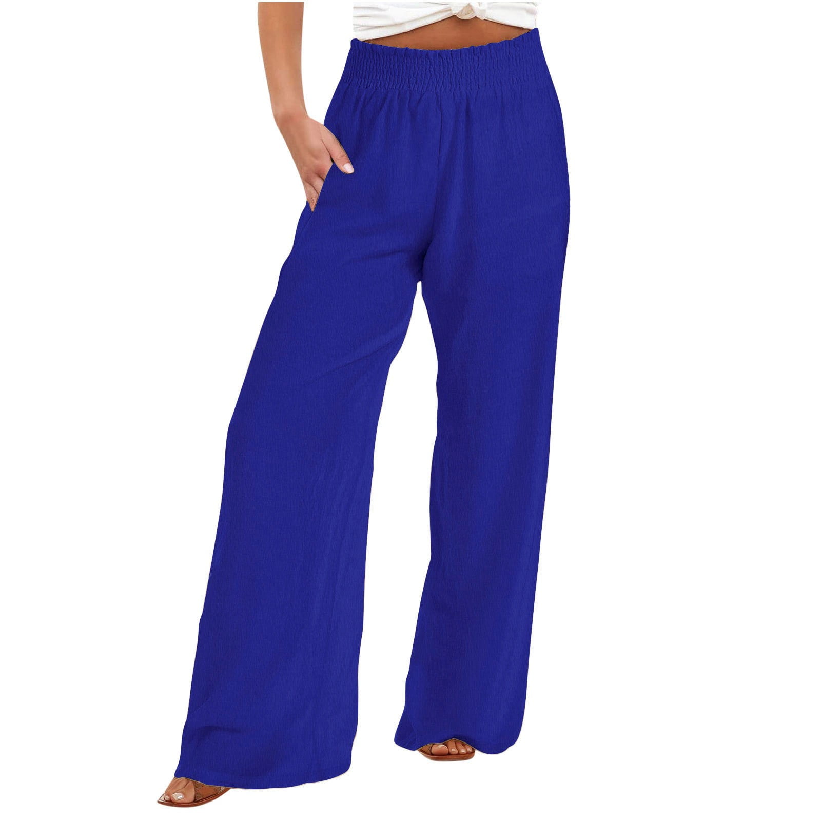 Gxdcog Womens Linen Wide Leg Pants Smocked High Waisted Flowy Palazzo ...