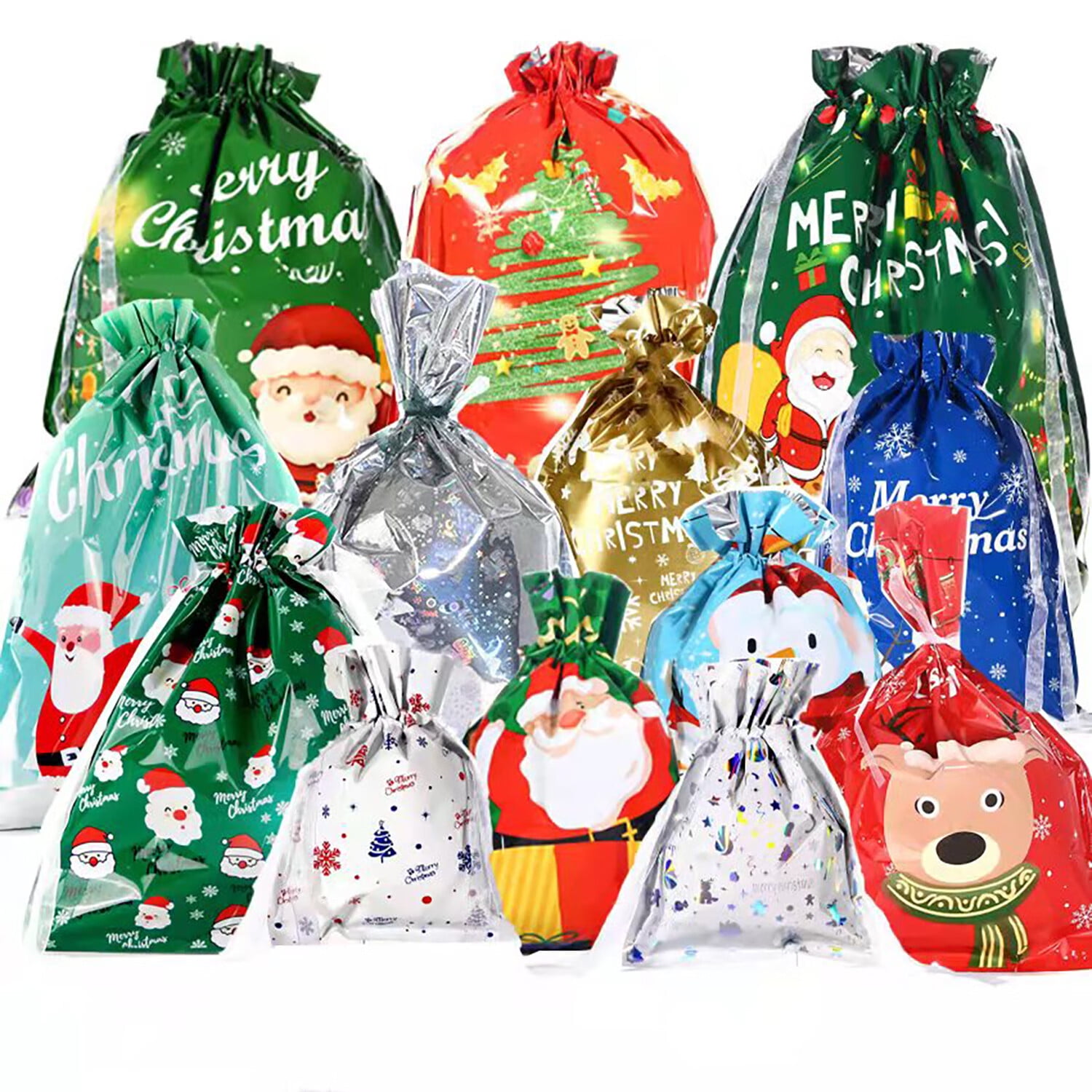 45pcs Drawstring Christmas Gift Bags with Tags, Ribbon Ties, Assorted ...