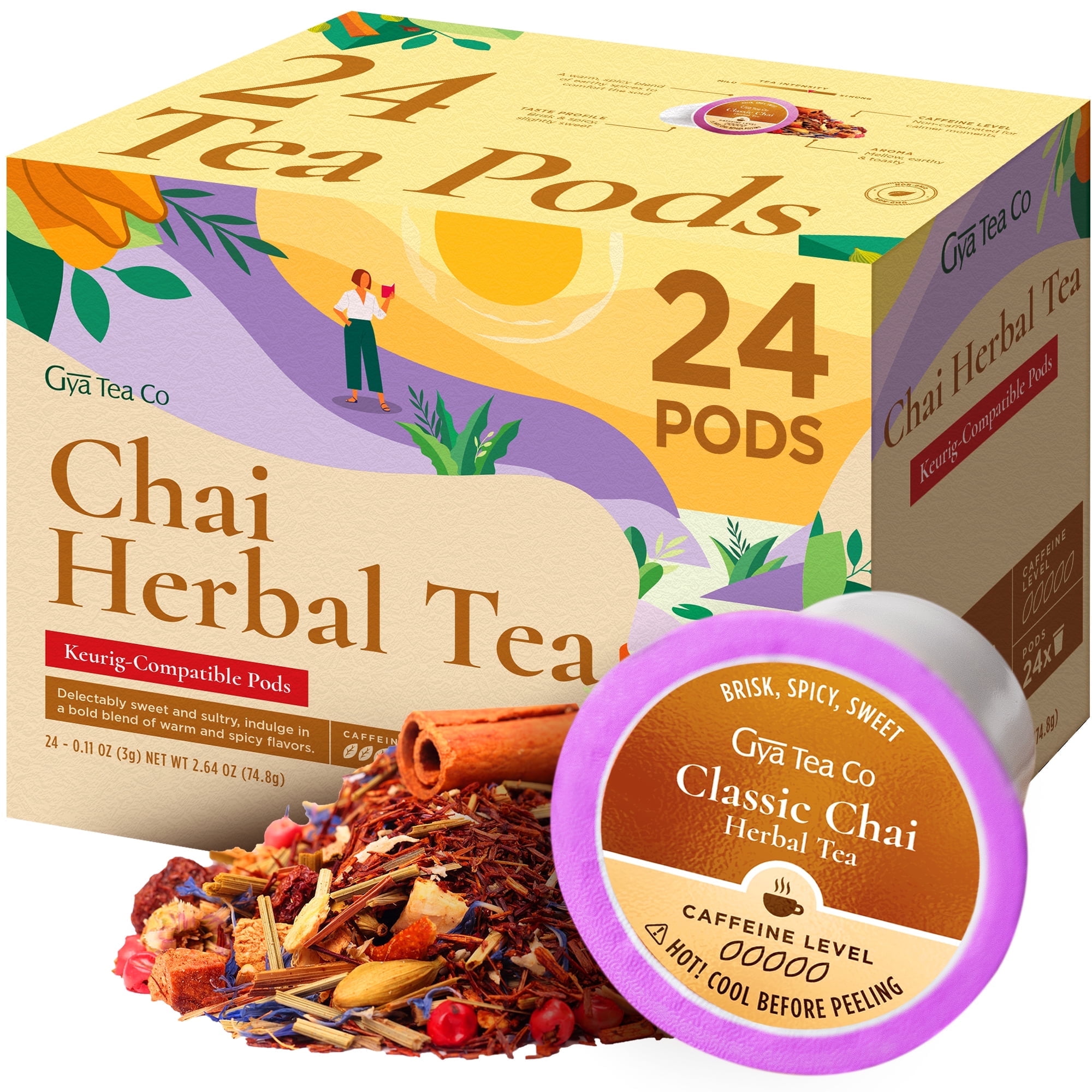 Gya Tea Co Chai Herbal Tea K-Cups - 24 Count, Decaf Mellow and Aromatic ...