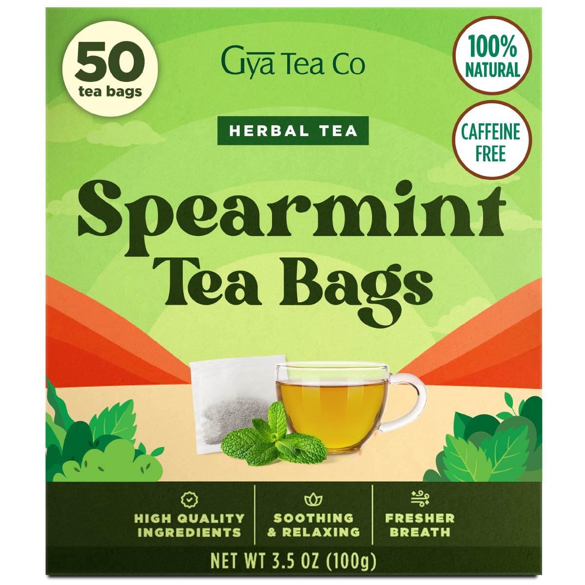 Gya Tea Co Spearmint Tea Bag (50 Bags) - Decaf Herbal Tea Packets Rich ...