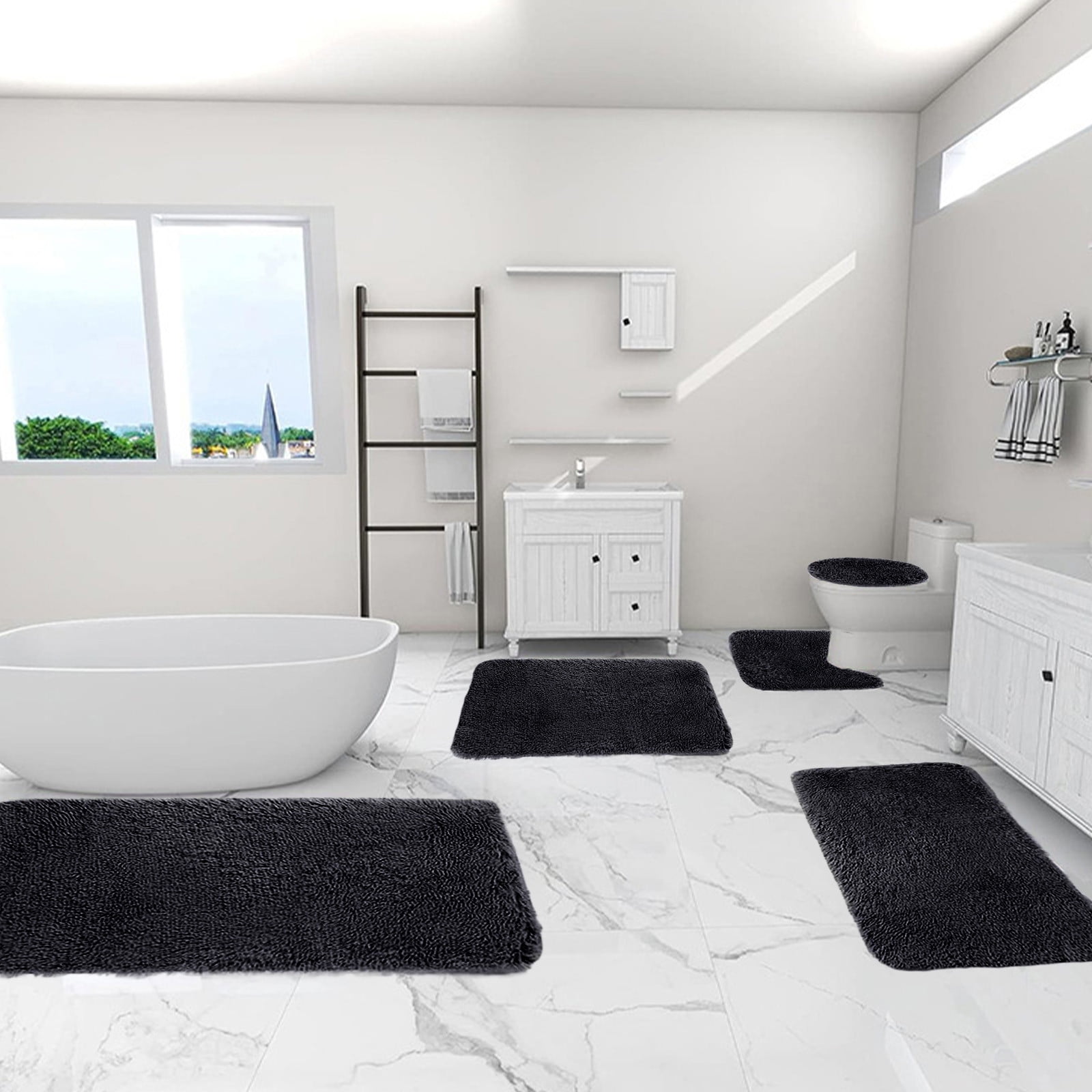 Gyedtr 5-Piece Solid Color Velvet Fleece Bathroom Rug Set with Non-Slip ...