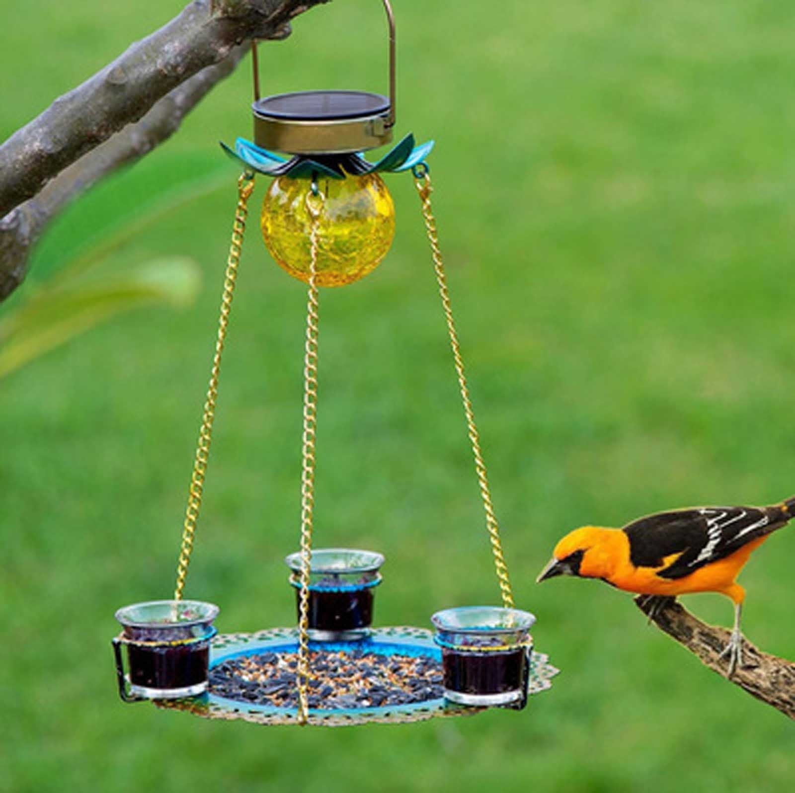 Gyedtr Solar-Powered Bird Feeder with LED Garden Light - Decorative ...