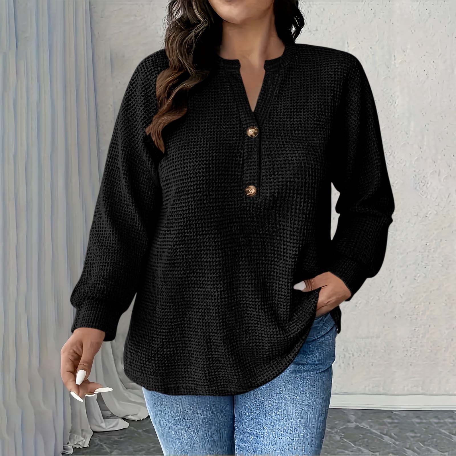 Gyedtr Women's Plus Size Knit Tops, 3/4 Bishop Sleeve Blouses, Loose V ...