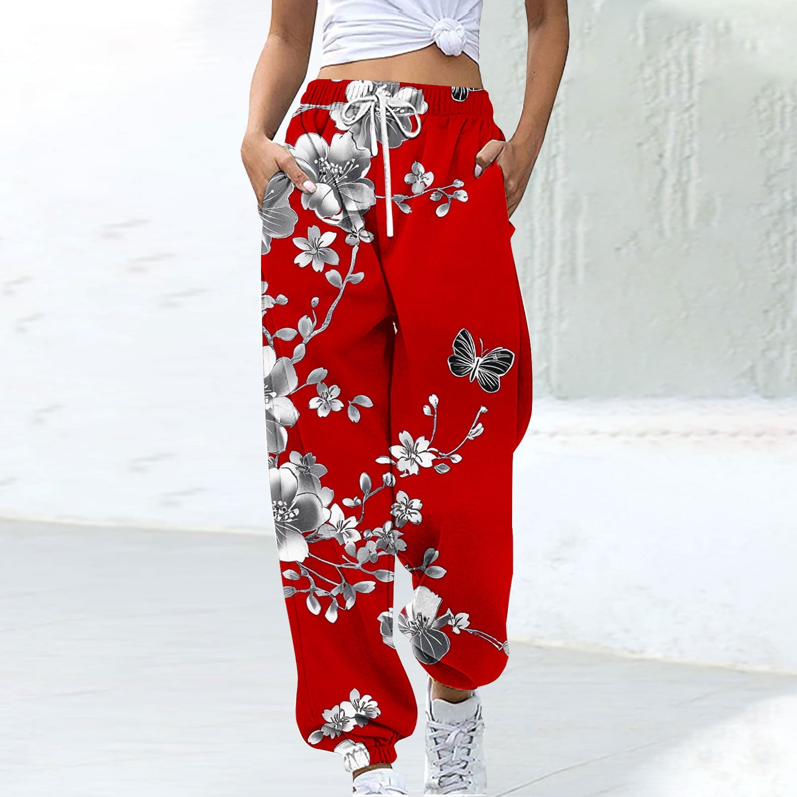Gyedtr Women's Red Floral Casual Pants - Silver Flower Butterfly Print ...