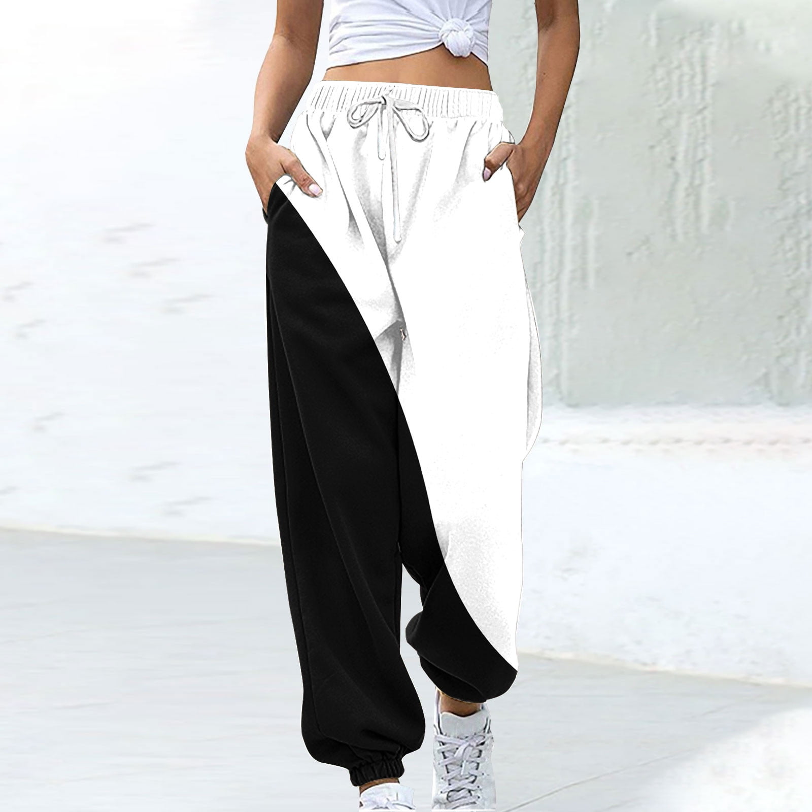 Gyedtr Women's Two-Tone Color Block High Waist Joggers Sweatpants with ...