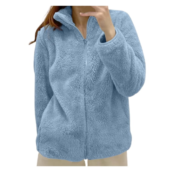Gyexs Fuzzy Zip up Jacket Women Stand Collar Long Sleeve Teddy Jackets ...