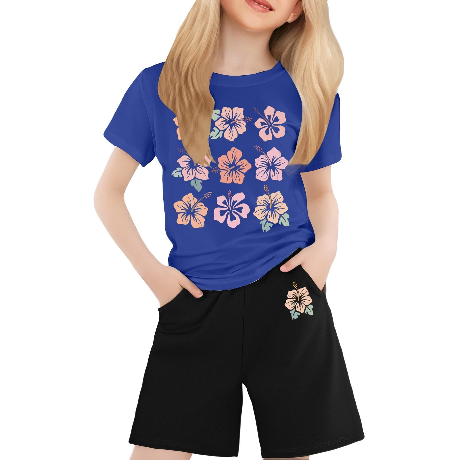 Gyexs Girls Pink Workout Set Cute Floral Printed Short Sleeve Shirts ...