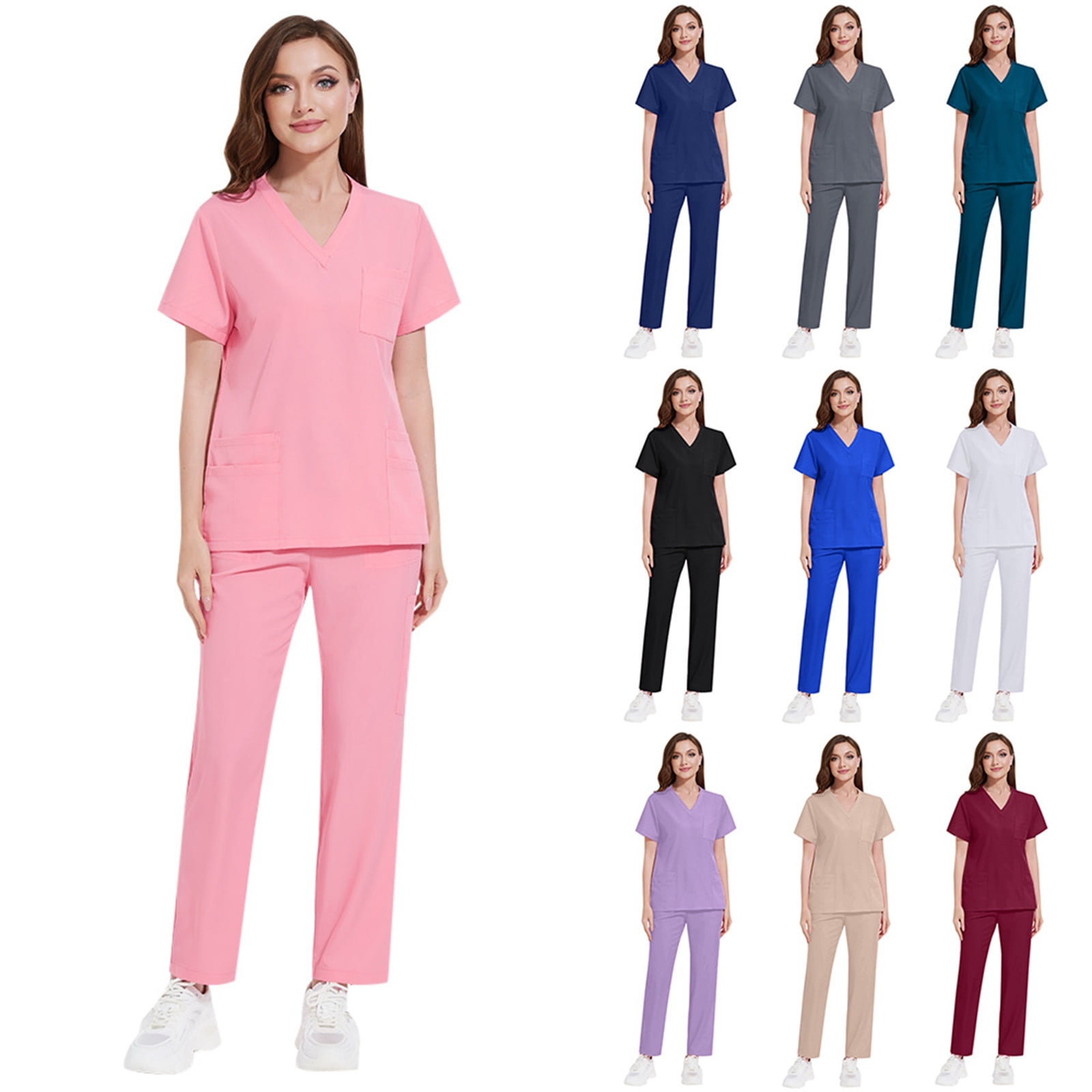 Gyexs Scrubs for Women Set Unisex V-Neck Scrub Top & Tapered Drawstring ...