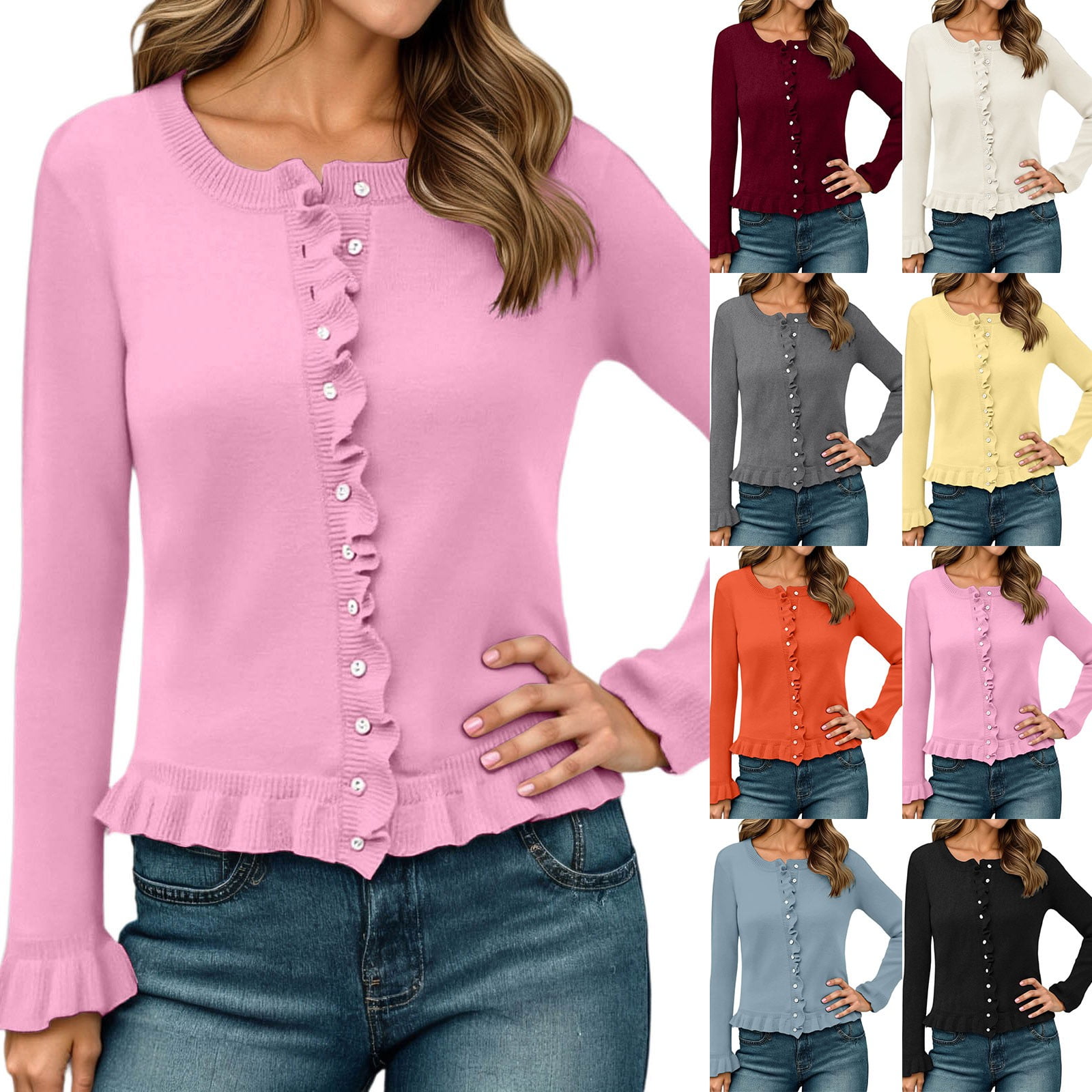 Gyexs Womens Ruffle Cardigan Sweaters Button Up Crew Neck Long Sleeve ...